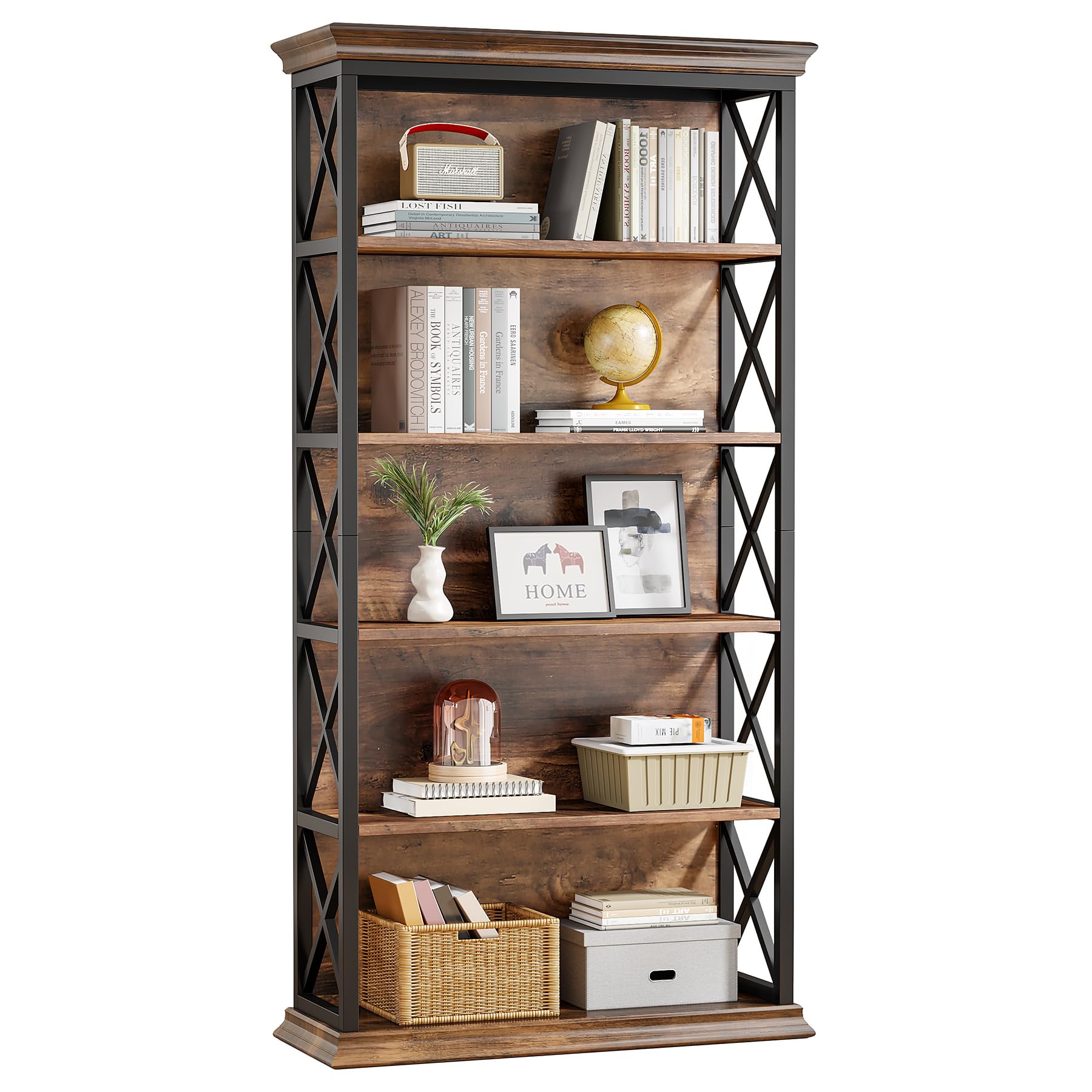 LITTLE TREE 6-Tier Bookcase, 71 Inches Industrial Bookshelves, Floor ...