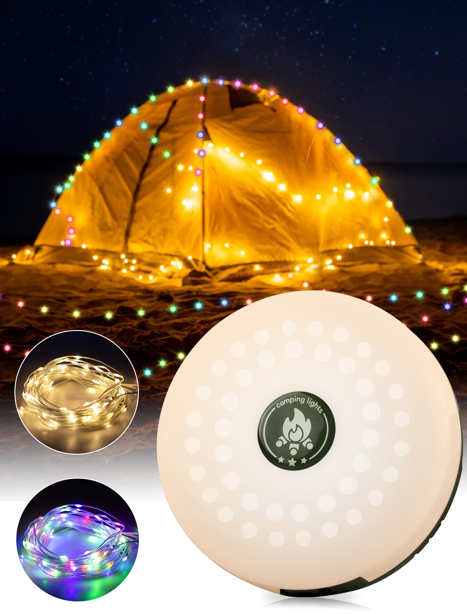Rechargeable RGB & Warm Camping String Lights, 32.8ft 3 in 1 Tent Lamp ...
