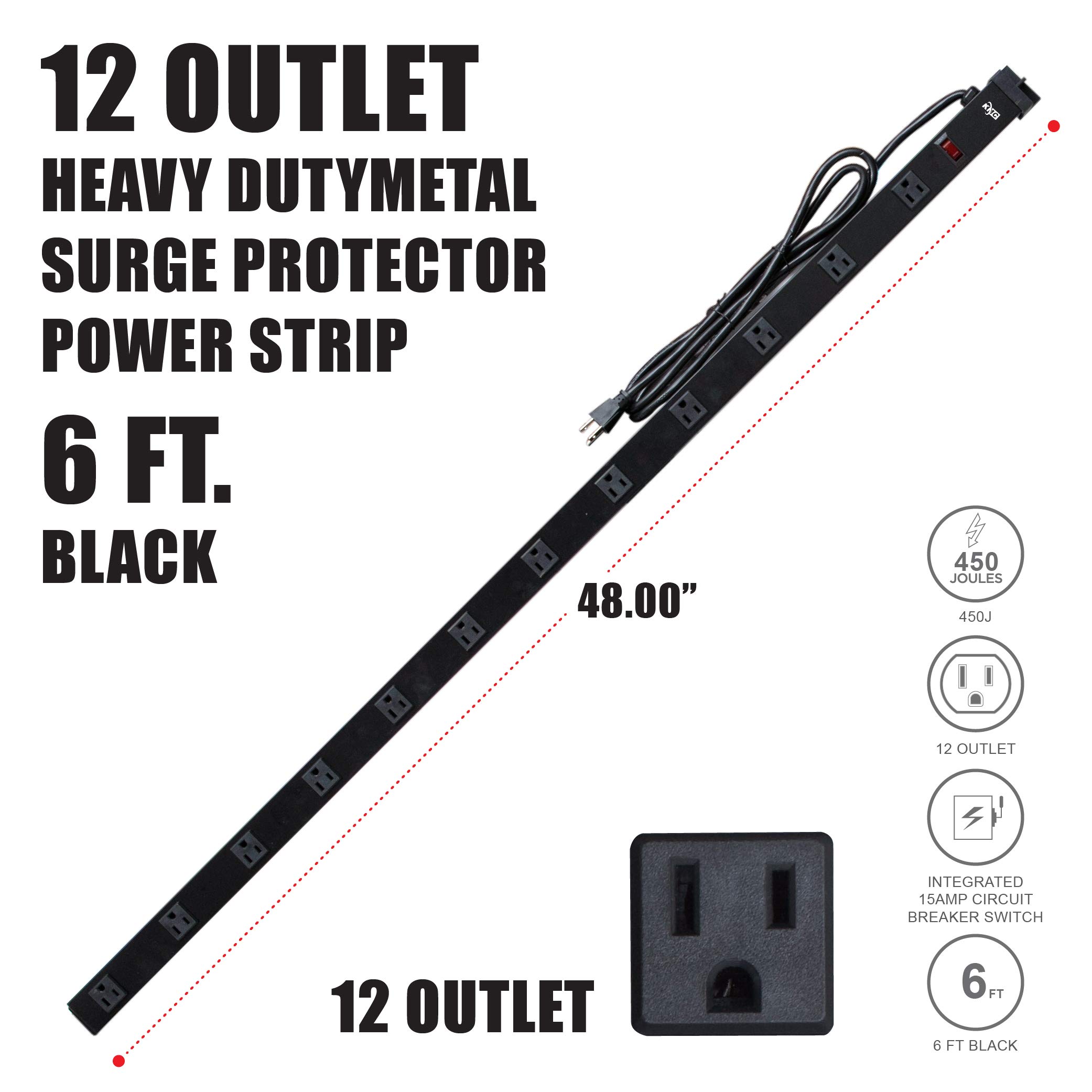 KMC 12 Outlet Heavy Duty Metal Surge Protector Power Strip with 6-Foot ...