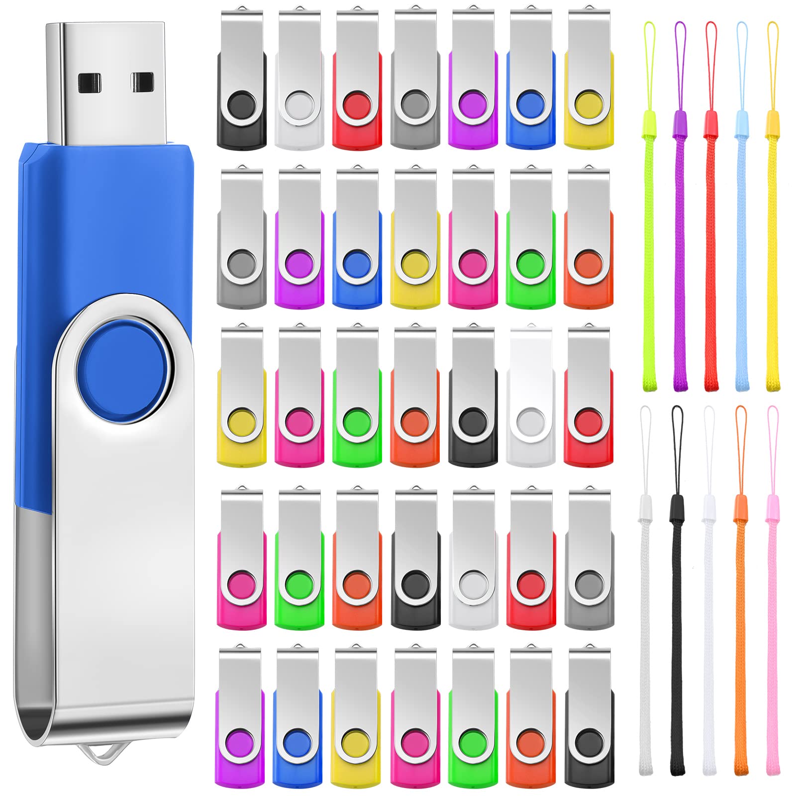 50 Pack USB Flash Drives Bulk with Lanyards USB 2.0 Thumb Drive Swivel ...