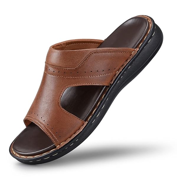 FIEEIF Men's Leather Slides Open Toe Outdoor Slippers Comfort Arch ...