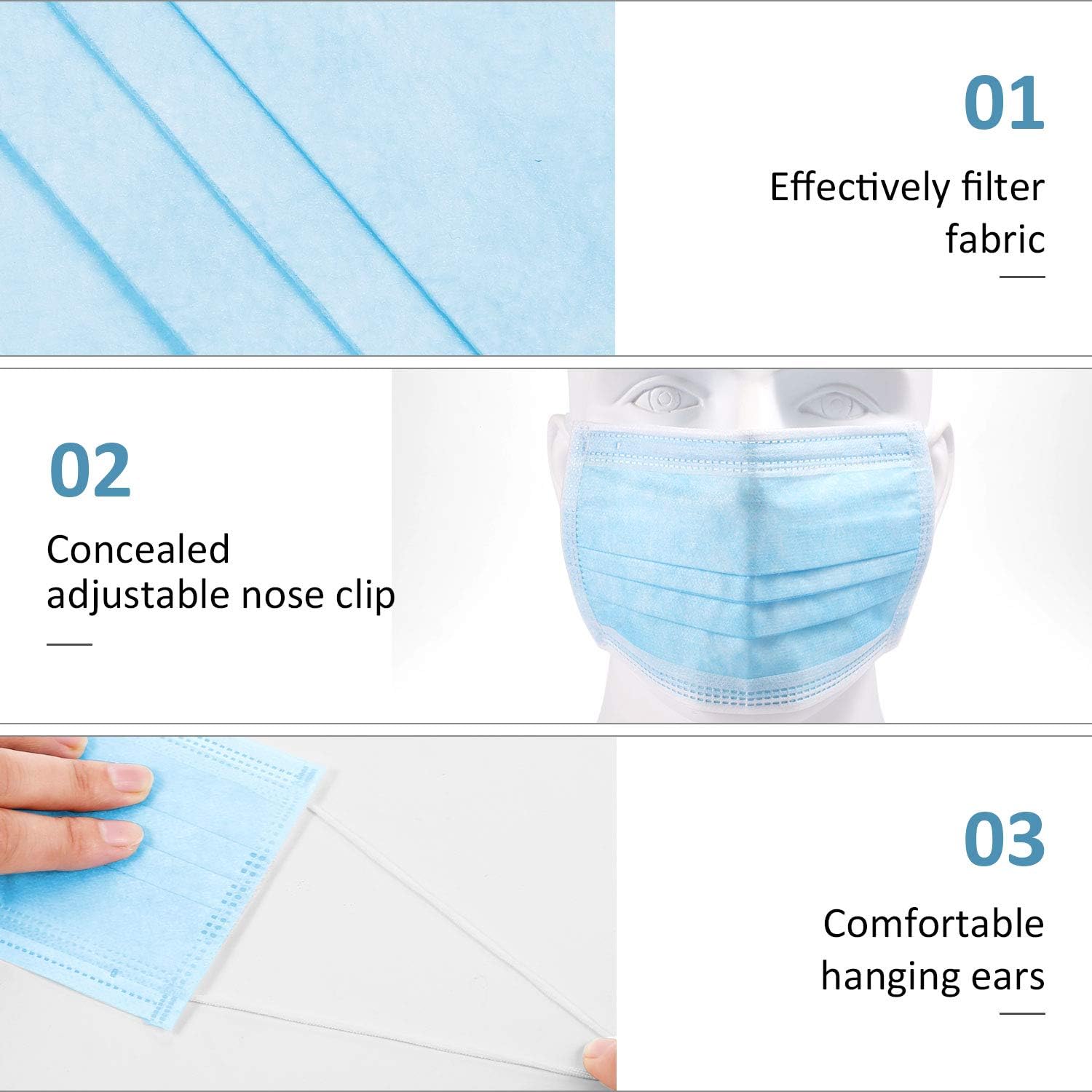 50 pcs Face Masks 3 ply Disposable Face Masks Nose Allergy Dust Mask ...