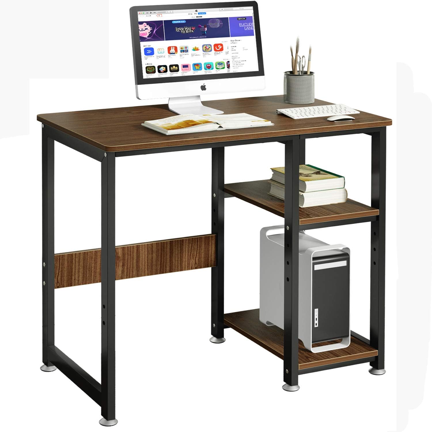 Amazon | DEWEL 机 pcデスク テレワーク用 パソコンデスク ワークデスク オフィスデスク 収納ラック付き 収納つきデスク 勉強デスク 勉強机 幅80cm 木製 シンプル ...