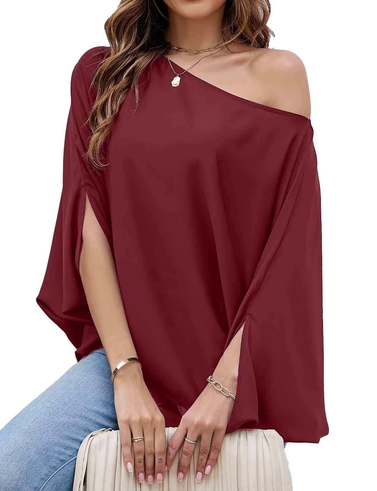 VIMPUNEC Womens Off The Shoulder Flowy Tops Casual Batwing Sleeves ...