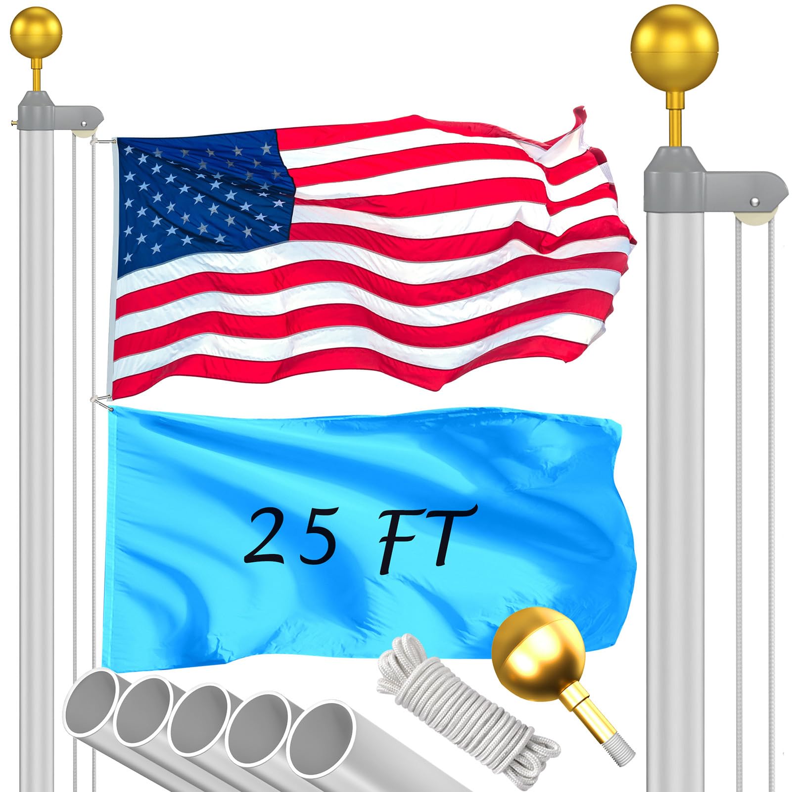 Flag Pole Kit 25FT, 12 Gauge 1.8mm Thickness Heavy Duty Flag Poles with ...