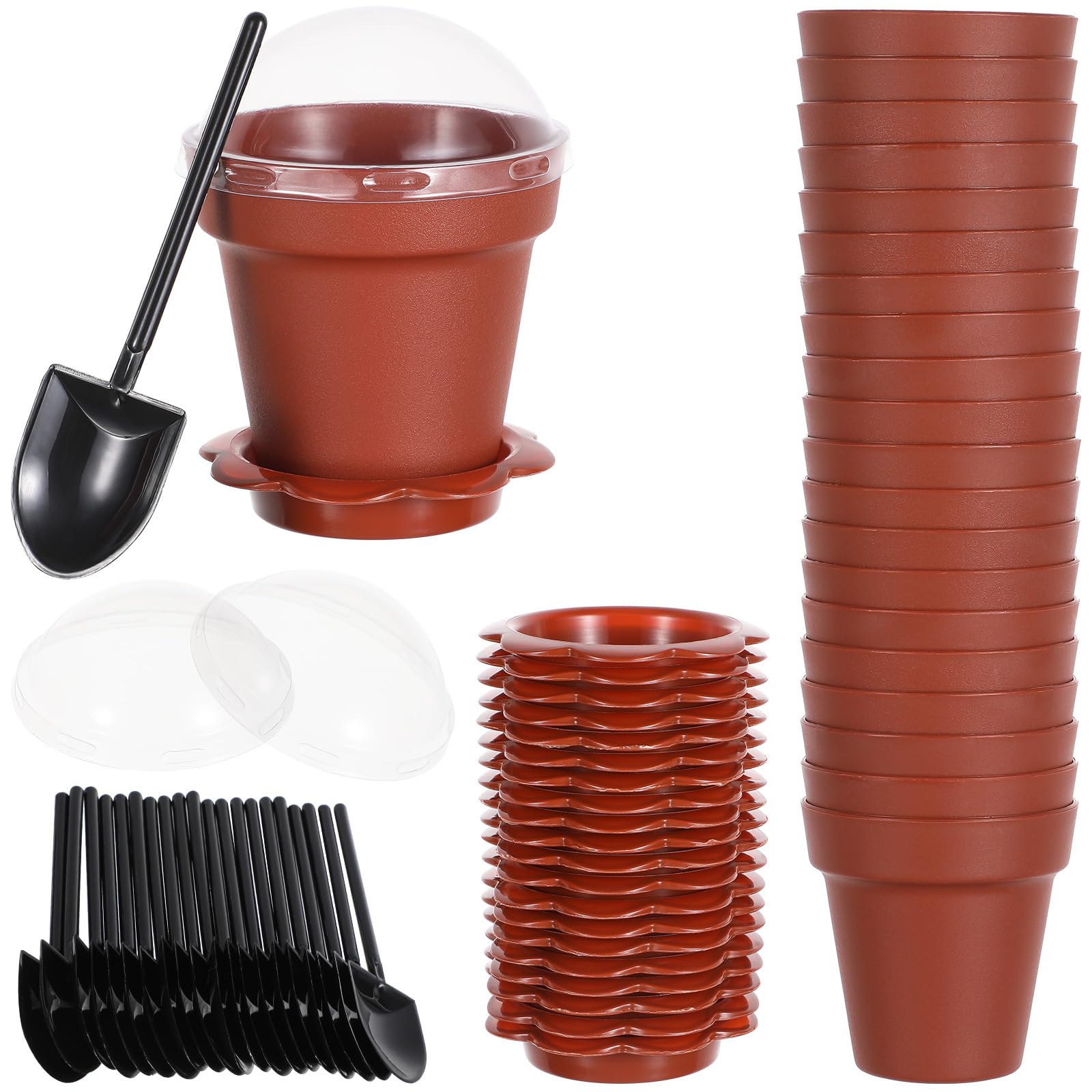 20 Pack Mini Flower Pots Cups with Lid, Shovel and Bottom Tray, Plastic ...