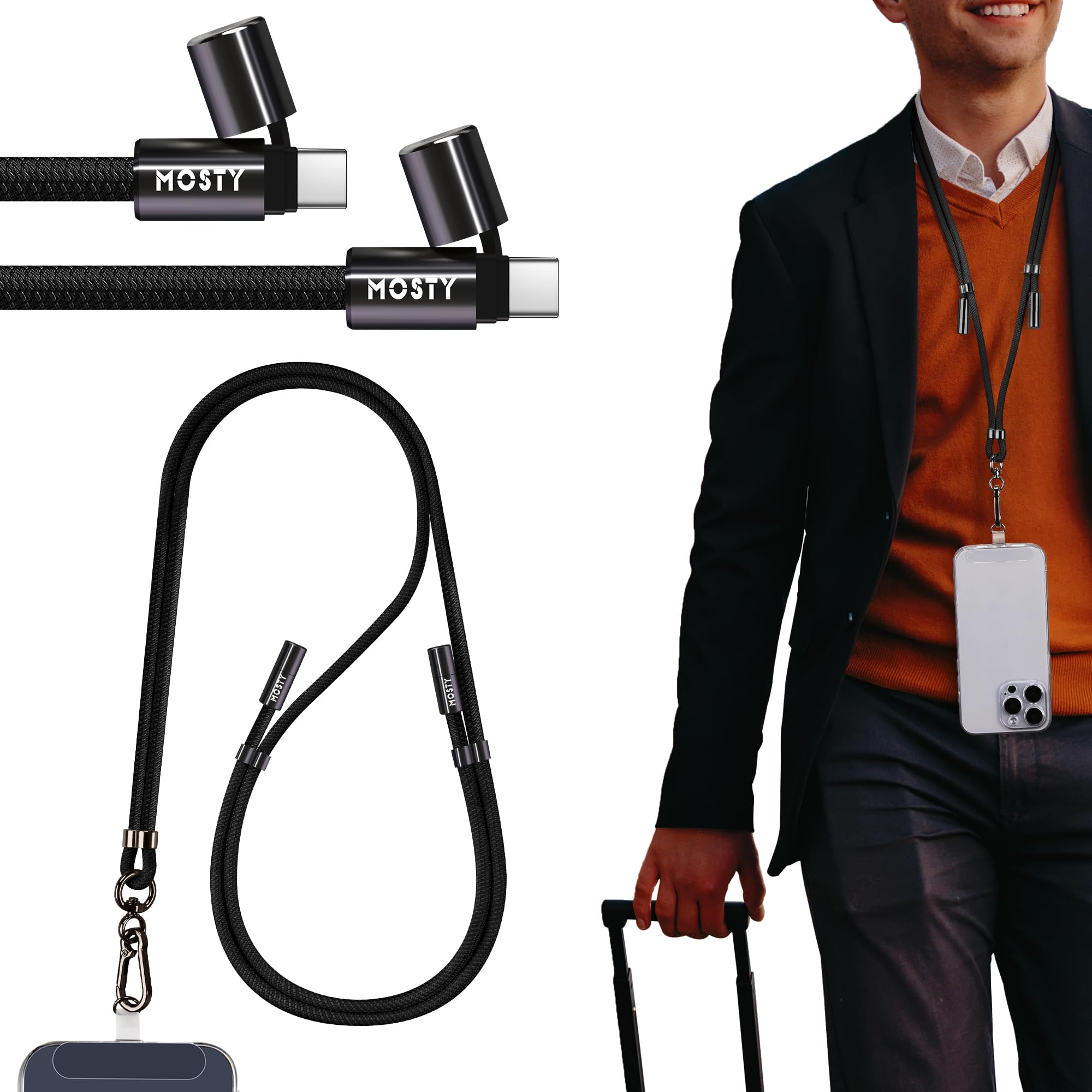 Crossbody Phone Strap with Built-in USB C to USB C Cable, Rechargeable ...