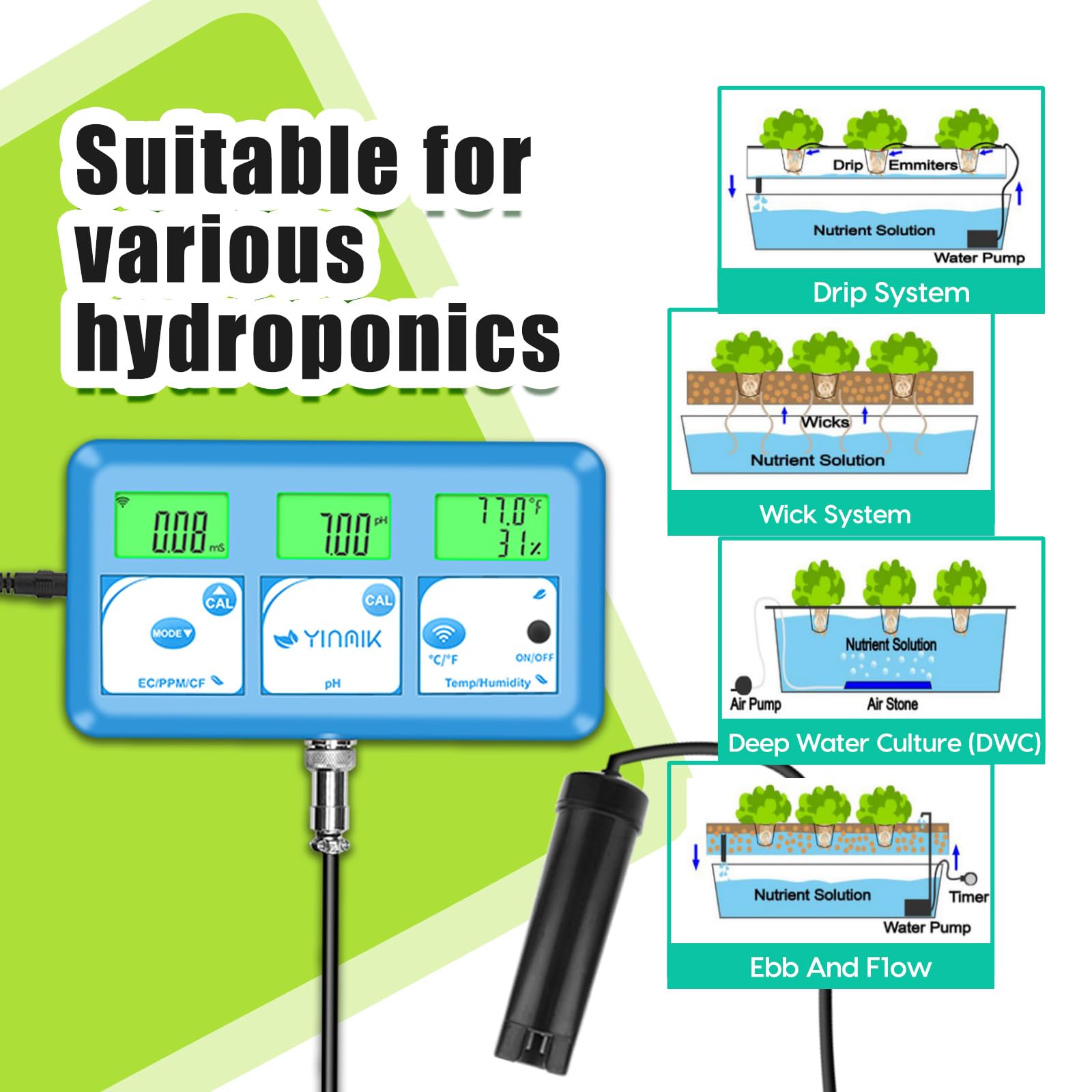 Mua YINMIK EC PPM pH Monitor for Hydroponics Nutrients, WiFi pH PPM ...