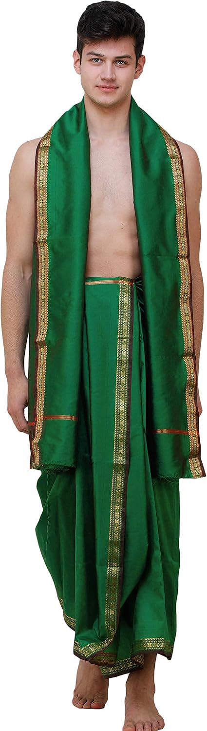 Exotic India Dhoti and Angavastram Set with Golden Woven Paisley on ...