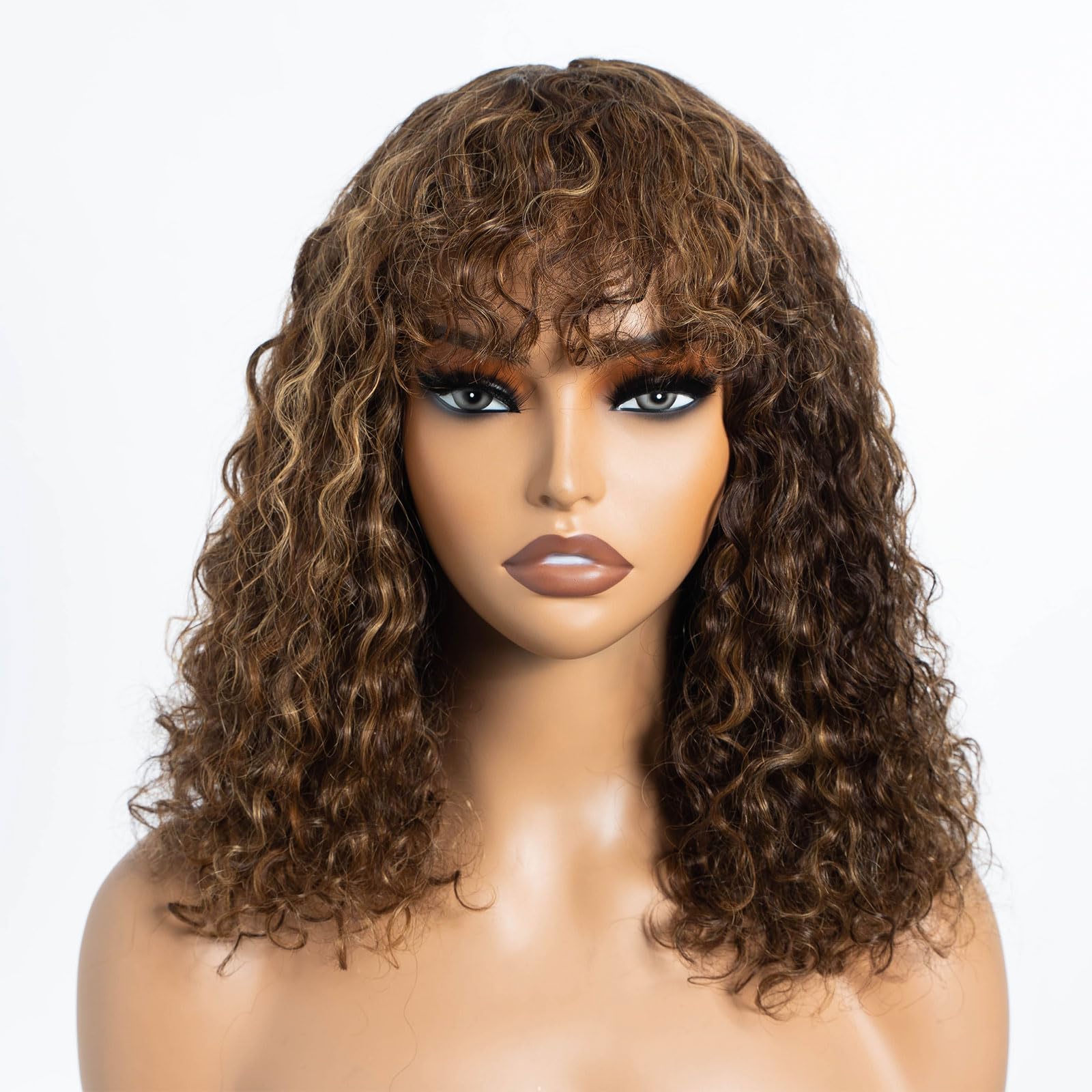 DÉBUT Curly Bob Wigs with Bangs 100% Human Hair Highlight Balayage ...