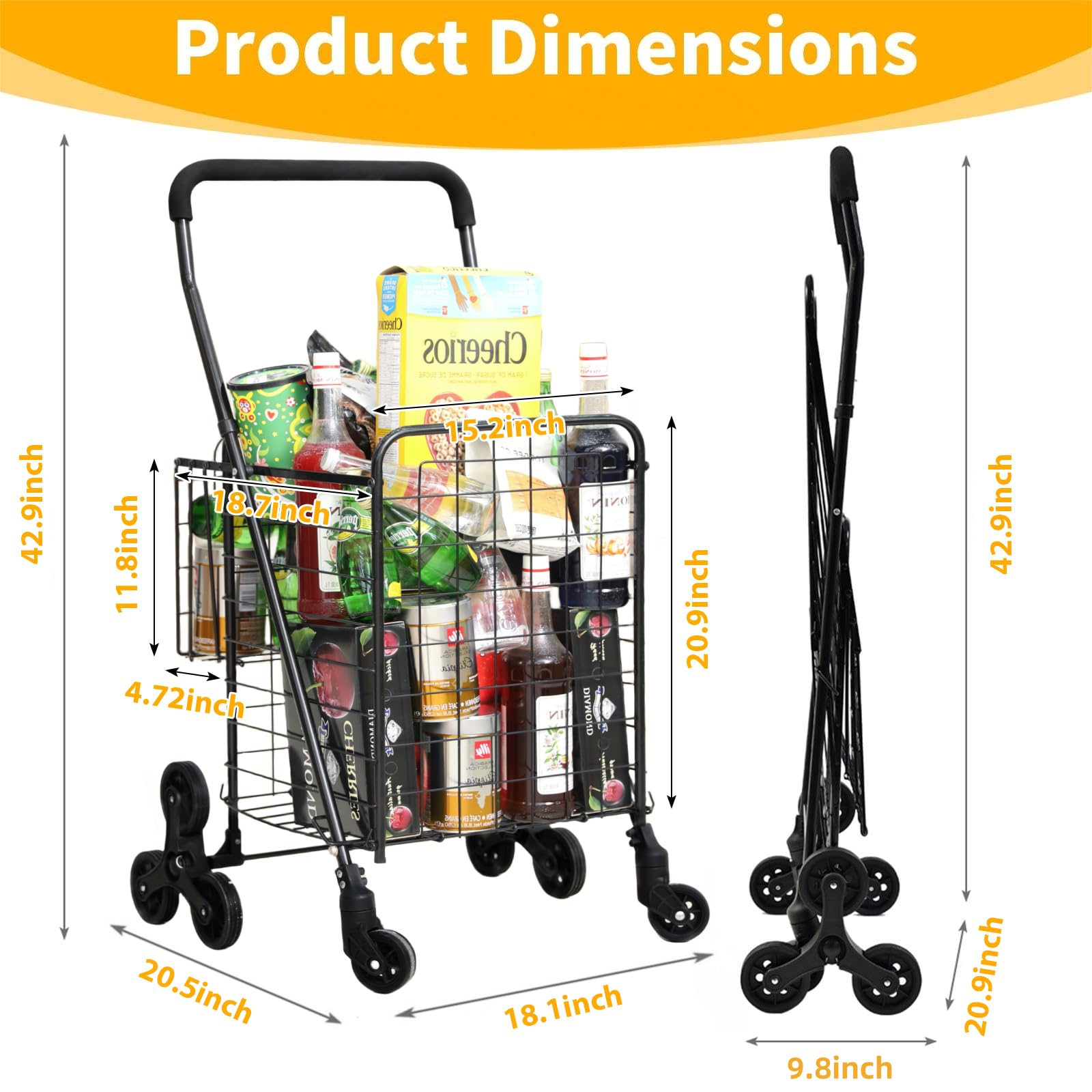 Mua Grocery Shopping Cart with 360° Rolling Swivel Wheels Stair Climber ...