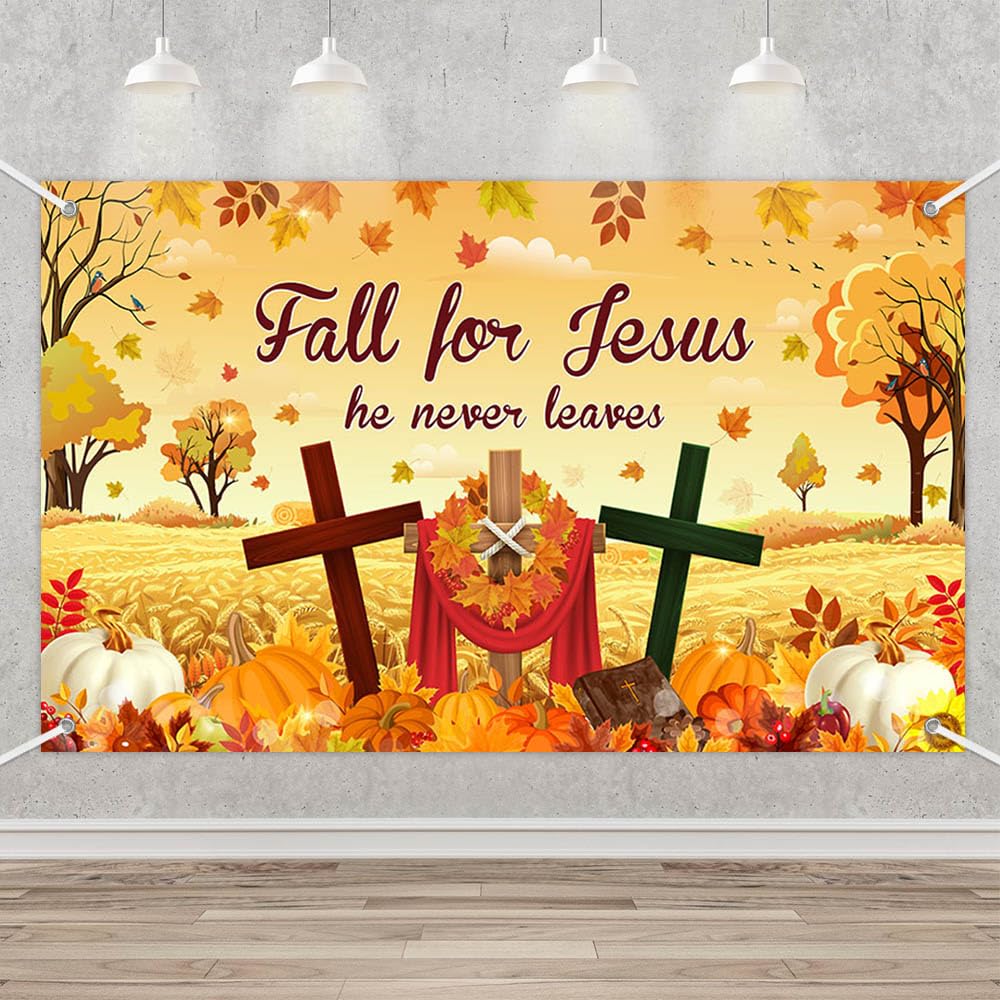 MEHOFOND Fall for Jesus Backdrop Banner, He Never Leaves Fall Maple ...