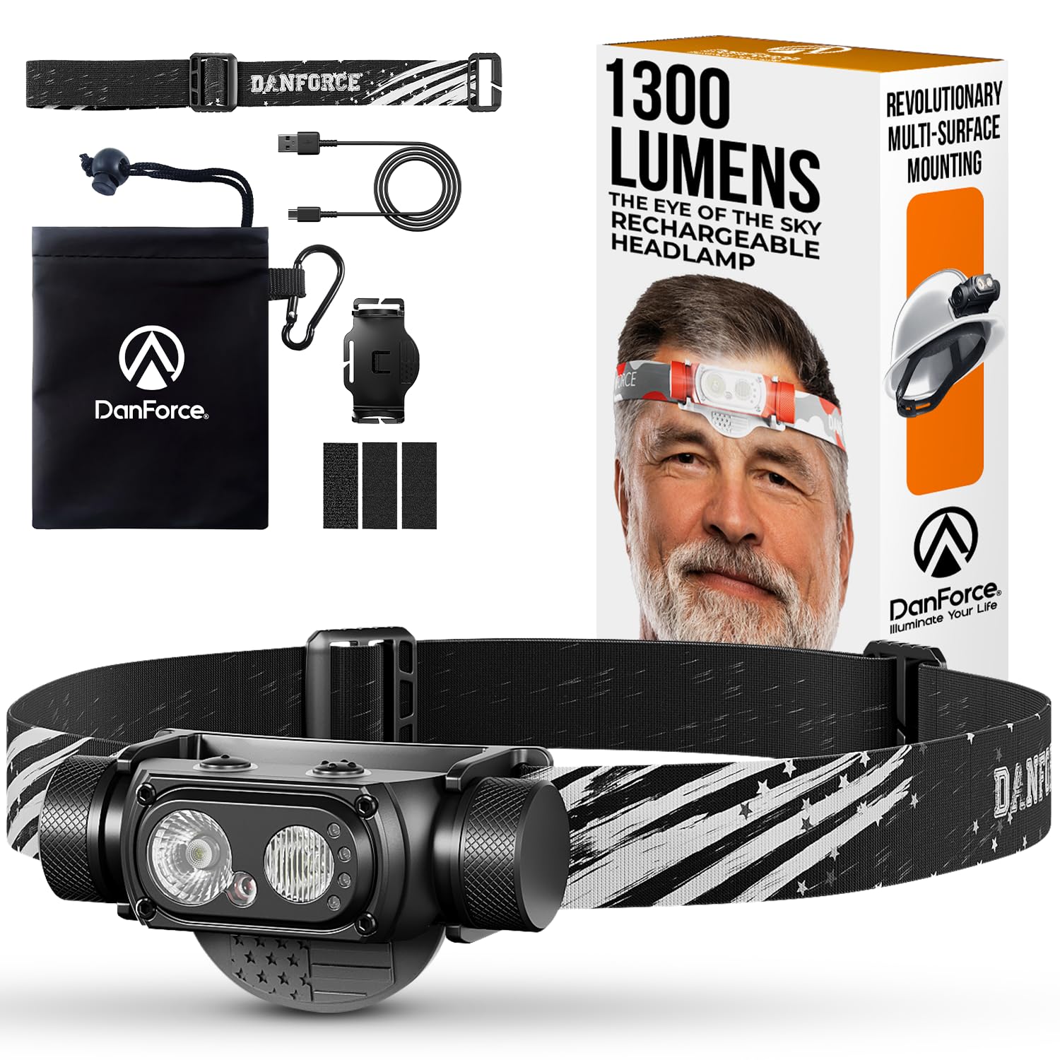DanForce Headlamp Rechargeable, American LED Ultra Bright 1300 Lumens ...
