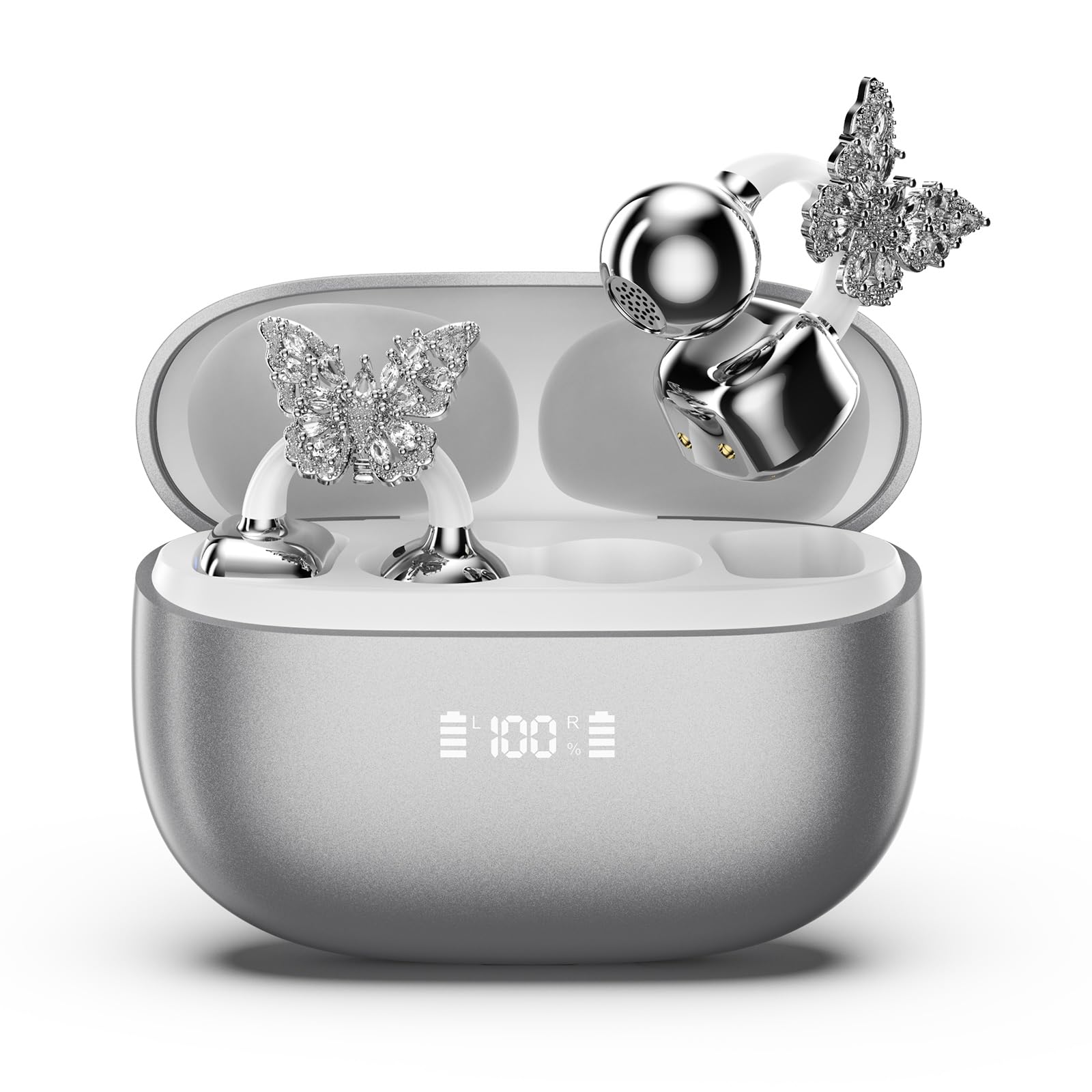 PAXA Bling Open Ear Clip On Earbuds with LED Display & Crystal ...