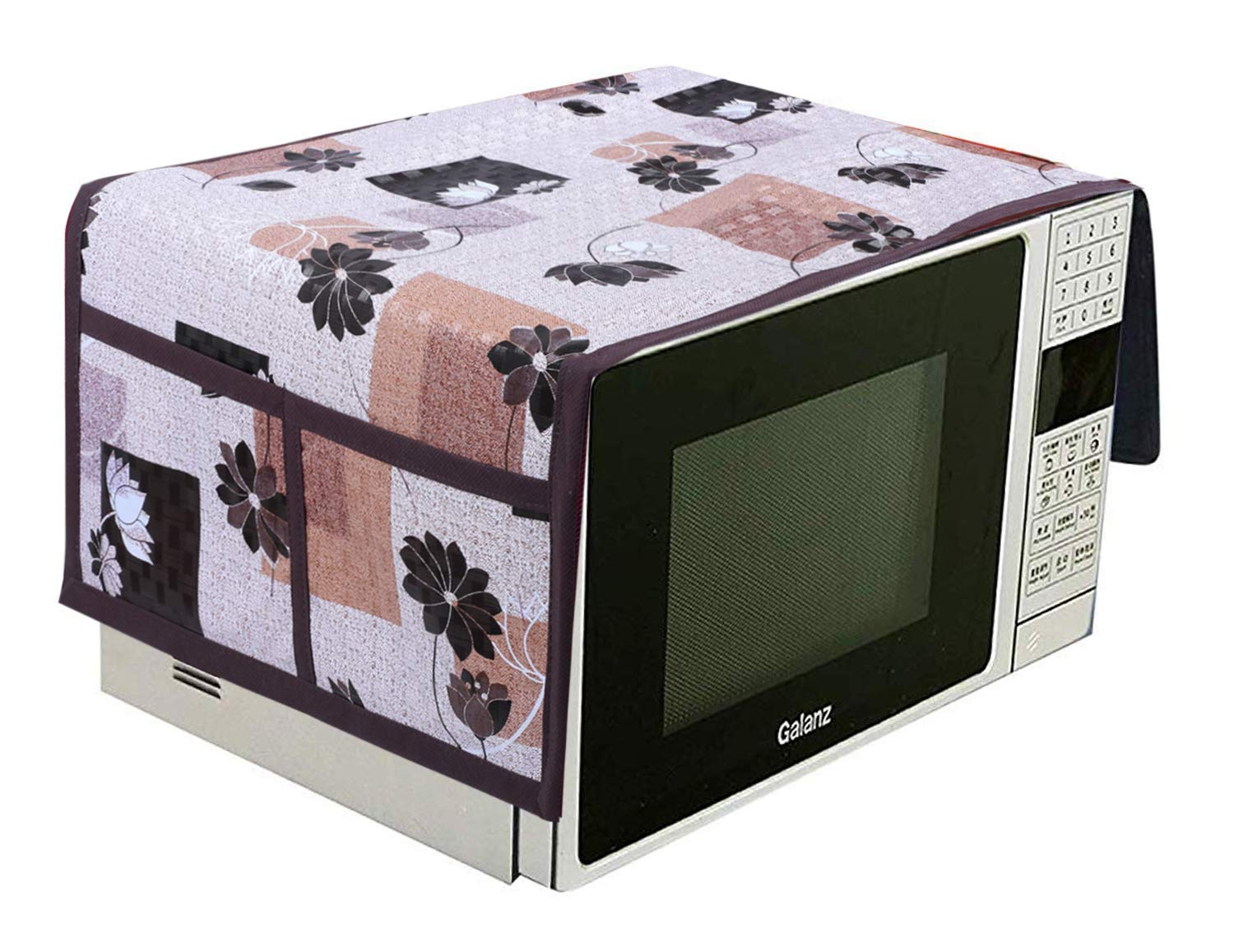 Flower Design PVC Microwave Oven Top Cover with Utility 4 Pockets Brown ...