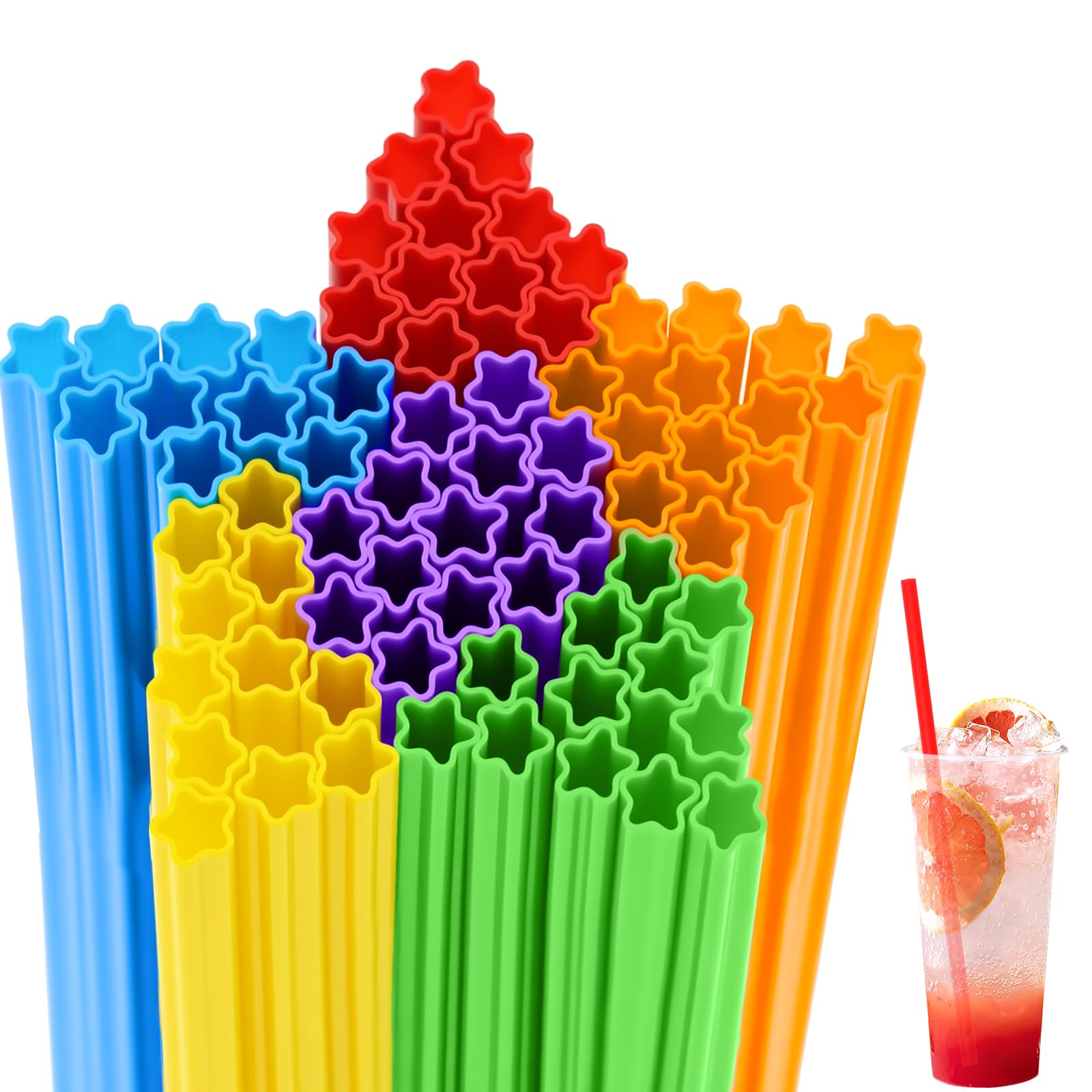 Potchen 60 Pcs Colorful Star Shaped Plastic Straws Disposable Drinking ...