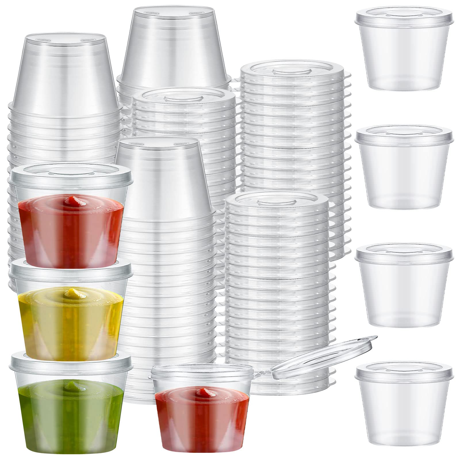Lounsweer 60 Pack Plastic Condiment Souffle Containers with Attached ...
