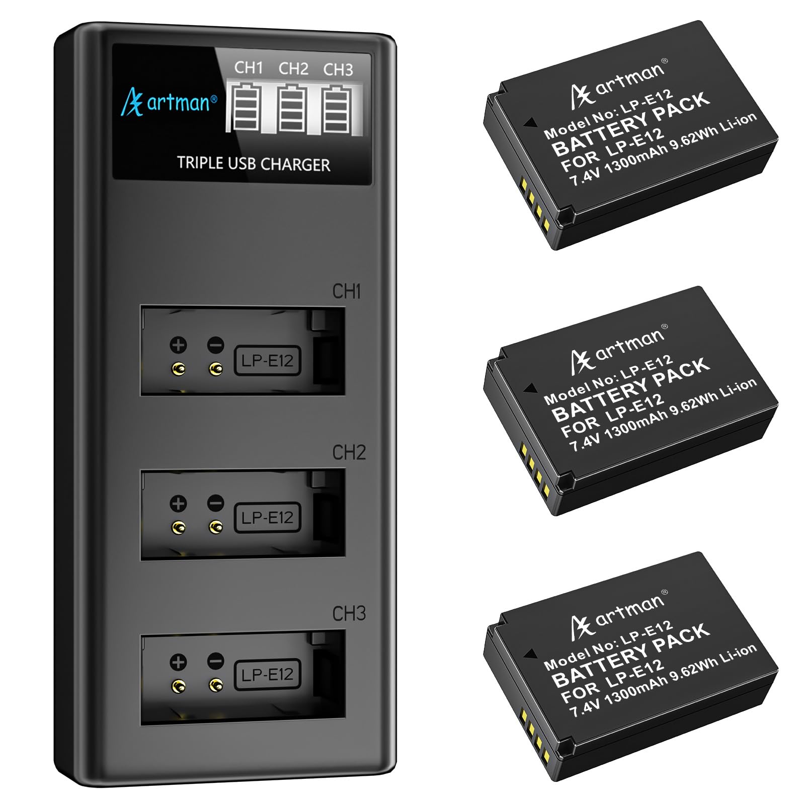 Artman LP-E12 Battery 3-Pack 1300mAh and 3-Slot LCD Charger Pack for Canon EOS M50, M50 Mark II ...