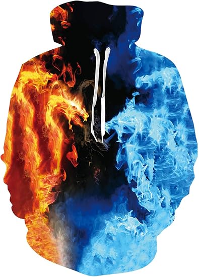 Unisex Mens Fire Hoodie Cool Blue Red Lightweight Printed Funny Black ...