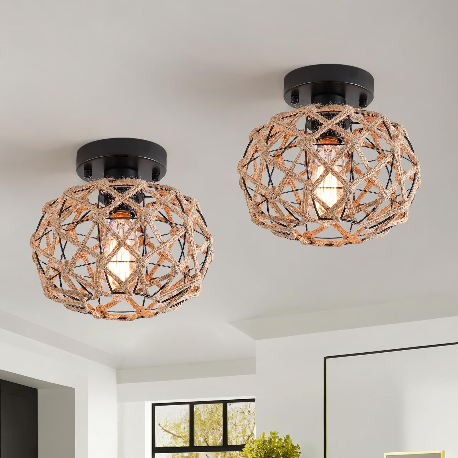 2 Pack Coastal Woven Flush Mount Ceiling Light Fixture Small Boho ...
