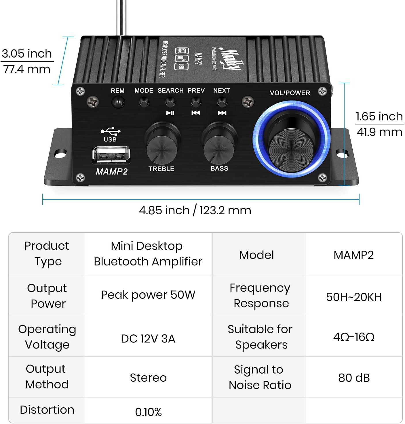 Moukey Compact Stereo Power Amplifier Wireless Peak Power 50W Dual ...