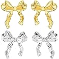 Amazon.com: Gold Silver Bow Earrings for Women Knot Ribbon Stud Earrings Christmas Birthday ...