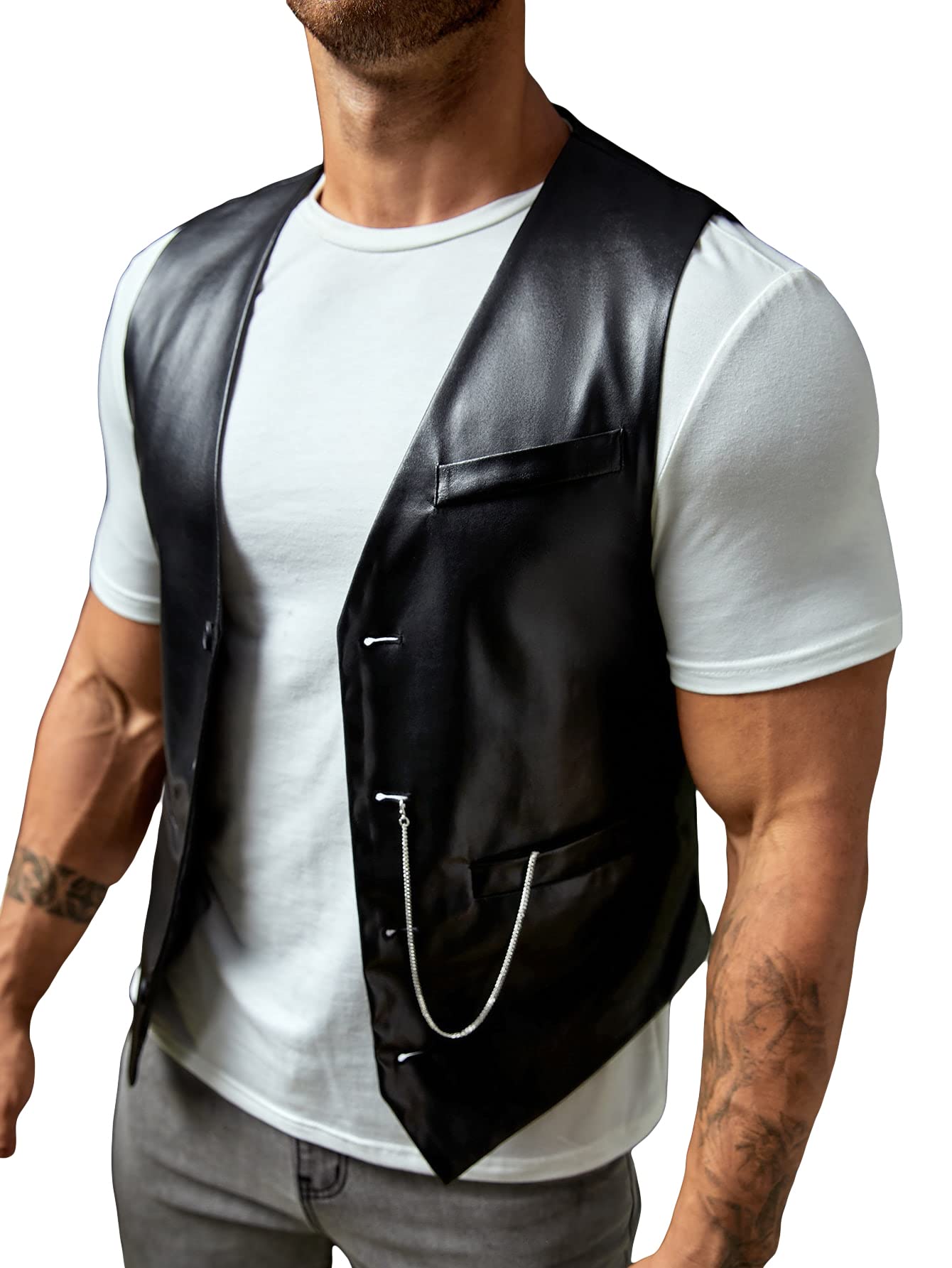 Verdusa Men's PU Leather Sleeveless Motorcycle Biker Vest Jacket Black ...