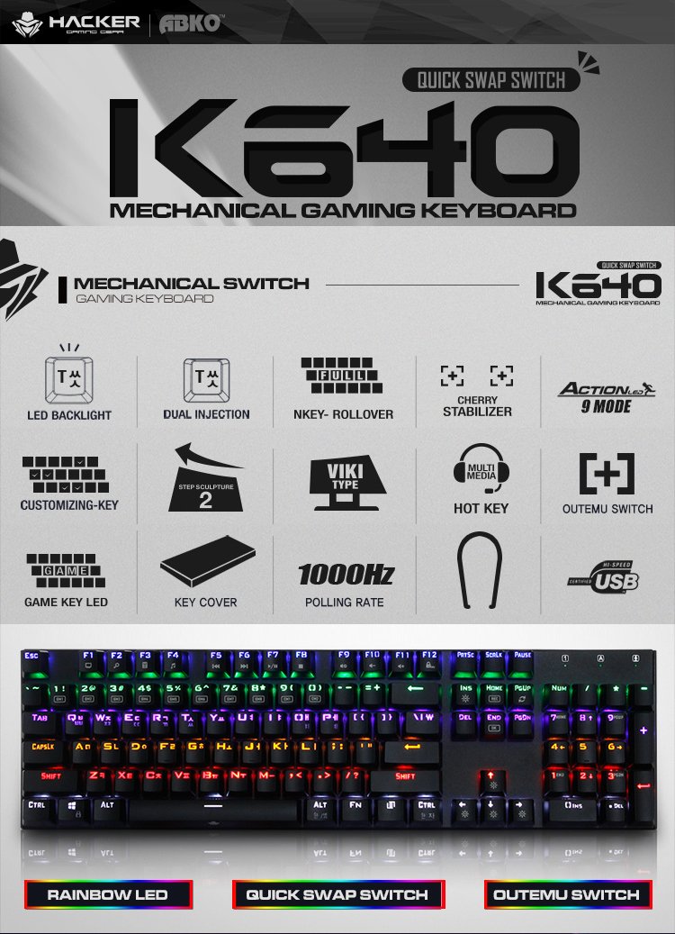Mua ABKO HACKER K640 Mechanical Keyboard Rainbow LED (Blue Axis)/Eng/Korean Version/Eng/Kor ver ...
