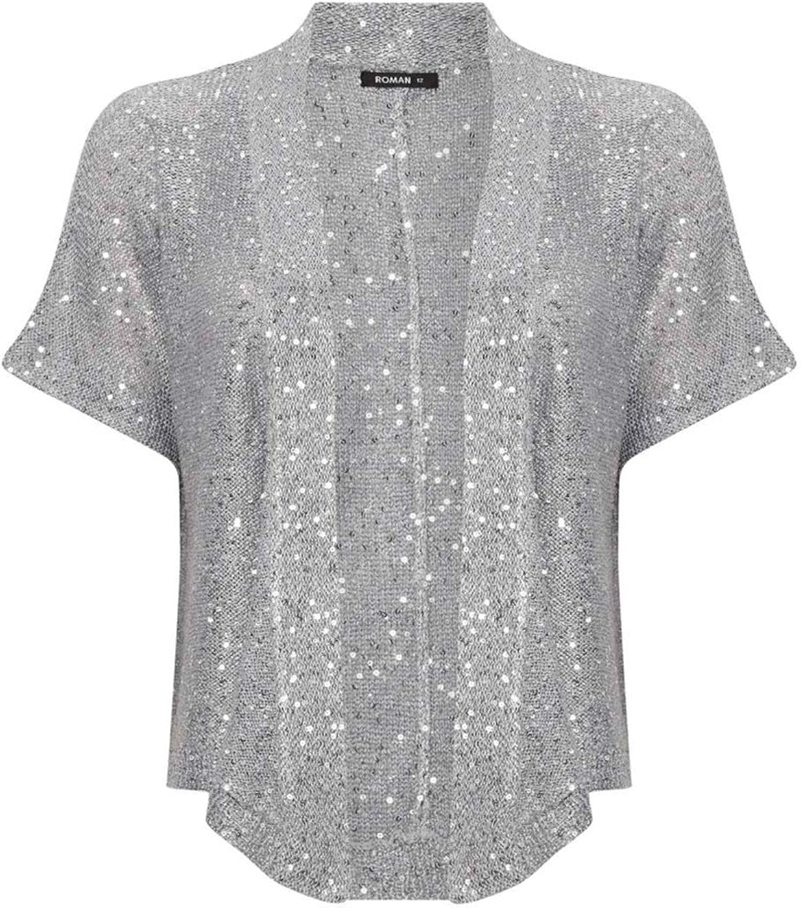 Roman Women's Sequin Detail Knitted Cardigan Silver Size 22: Amazon.co ...