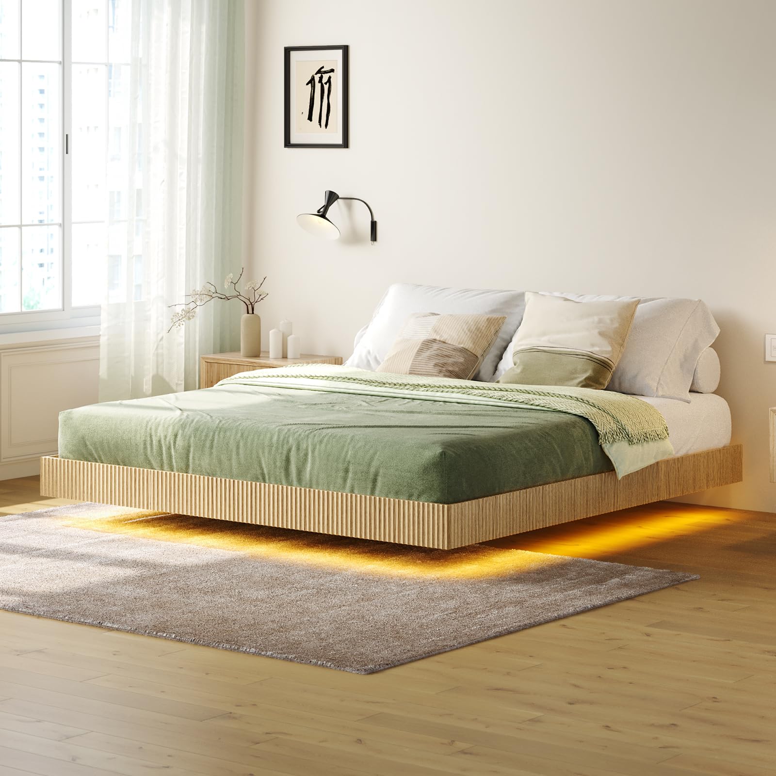 Tatub Natural King Floating Bed Frame with LED Lights, Modern Fluted ...