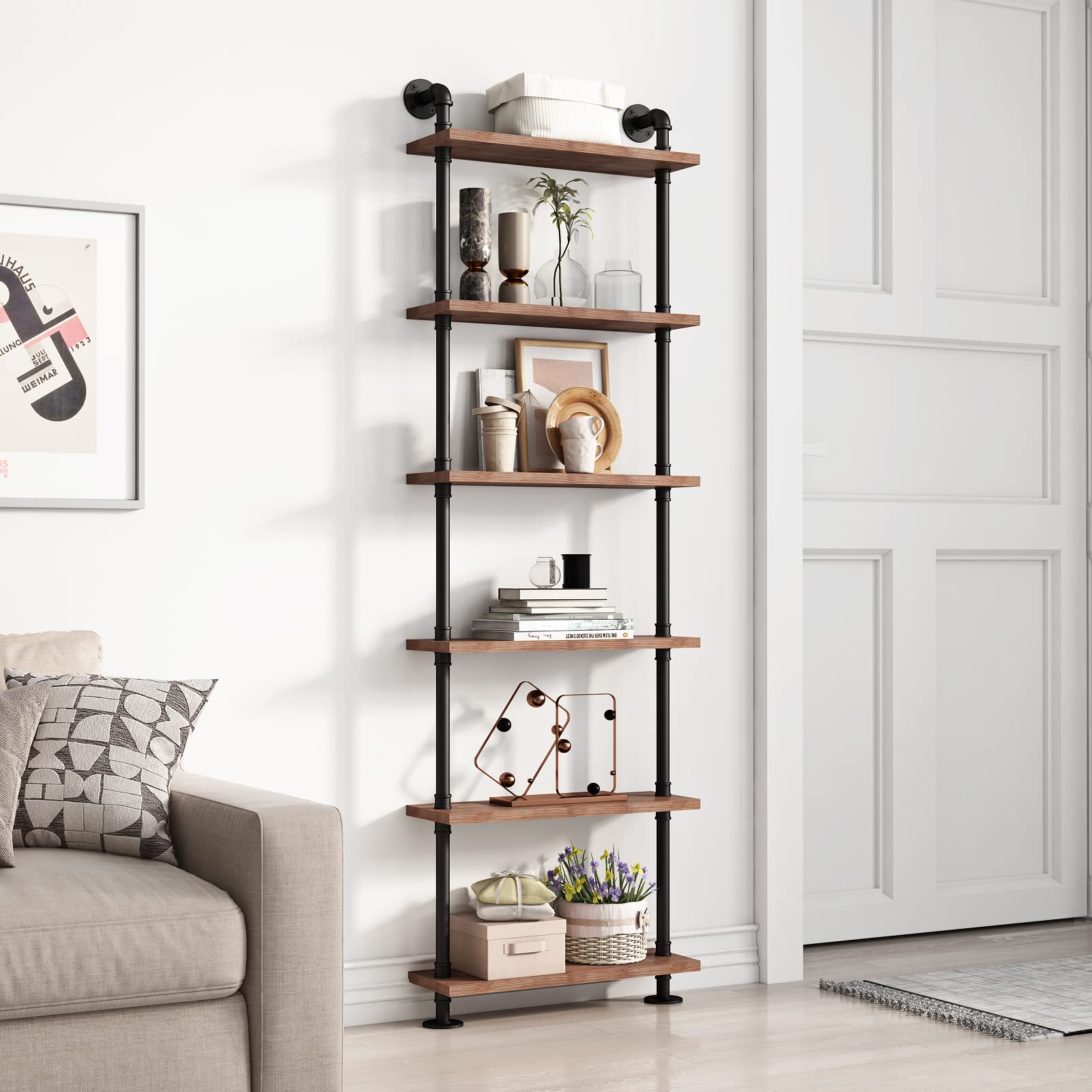 BOSURU Industrial Pipe Bookshelves Rustic Wood Ladder Bookshelf ...