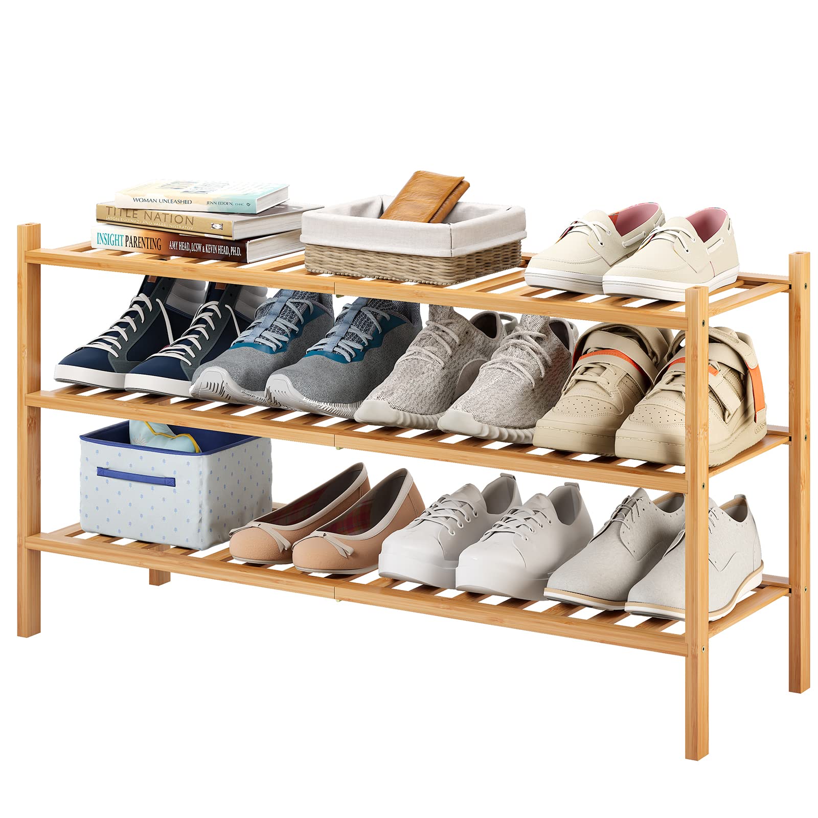 Furshus Long Shoe Rack, 3-Tier Bamboo Stackable Shoe Shelf Storage ...