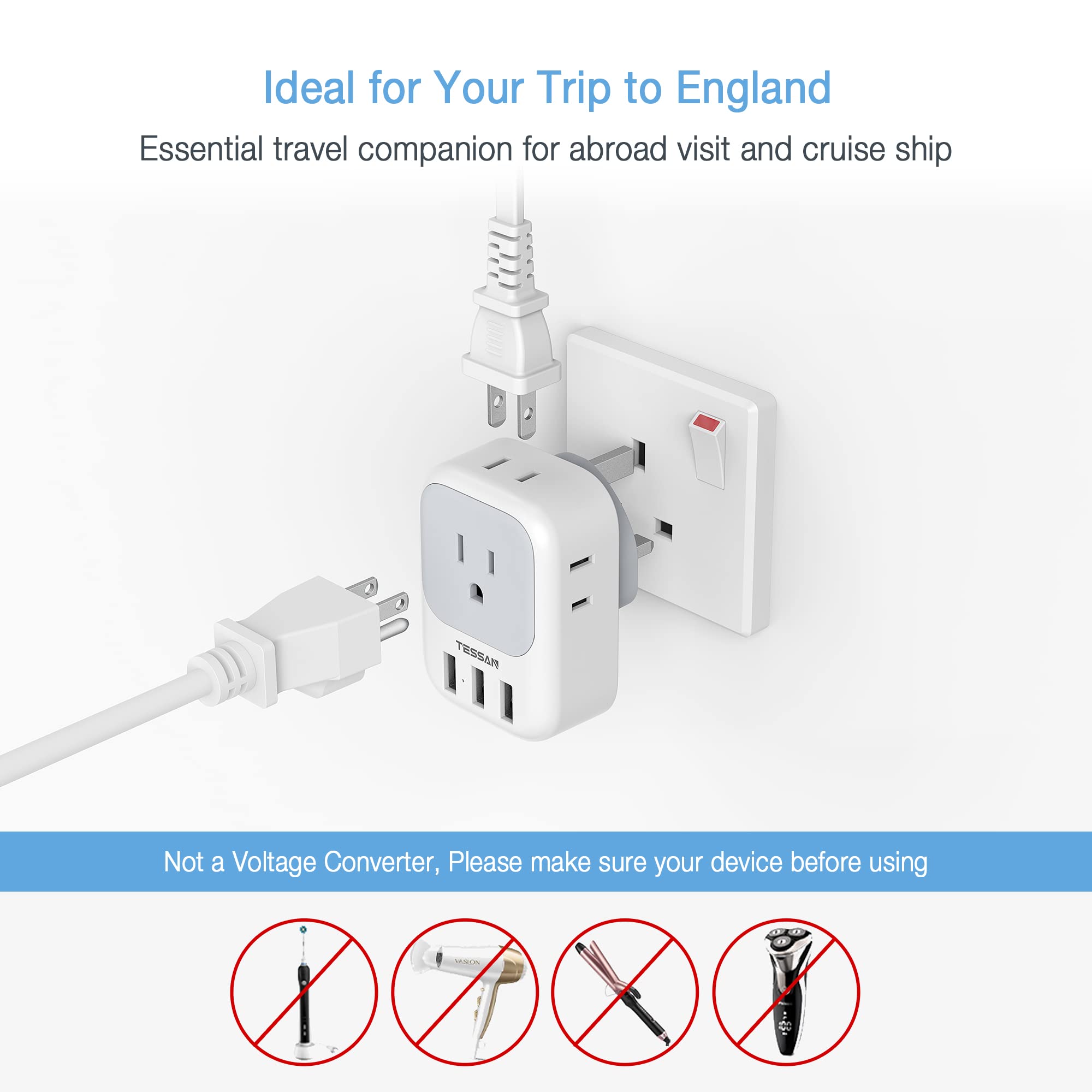 Mua US to UK Plug Adapter, TESSAN Type G Ireland Travel Adaptor with 4 ...