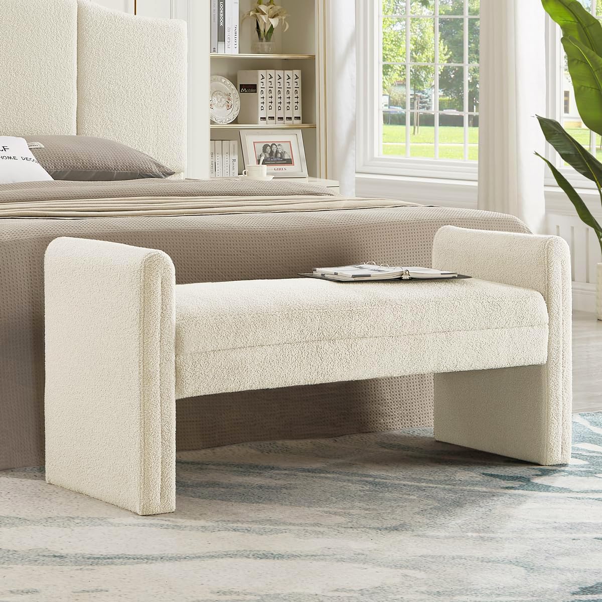 24KF Modern Boucle Teddy Lovely Bench, Upholstered Bed Bench Entryway ...