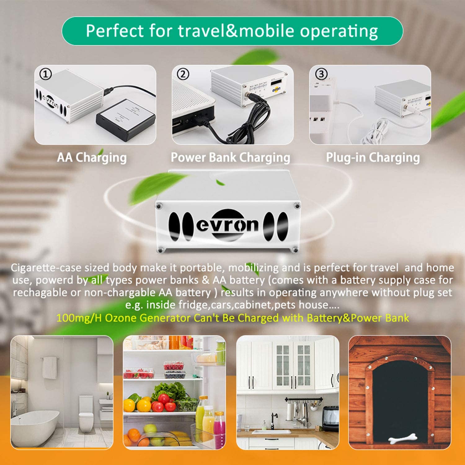 Evron Portable Ozone Generator 50mg/H Plug-in,Power-Bank & AA Battery ...