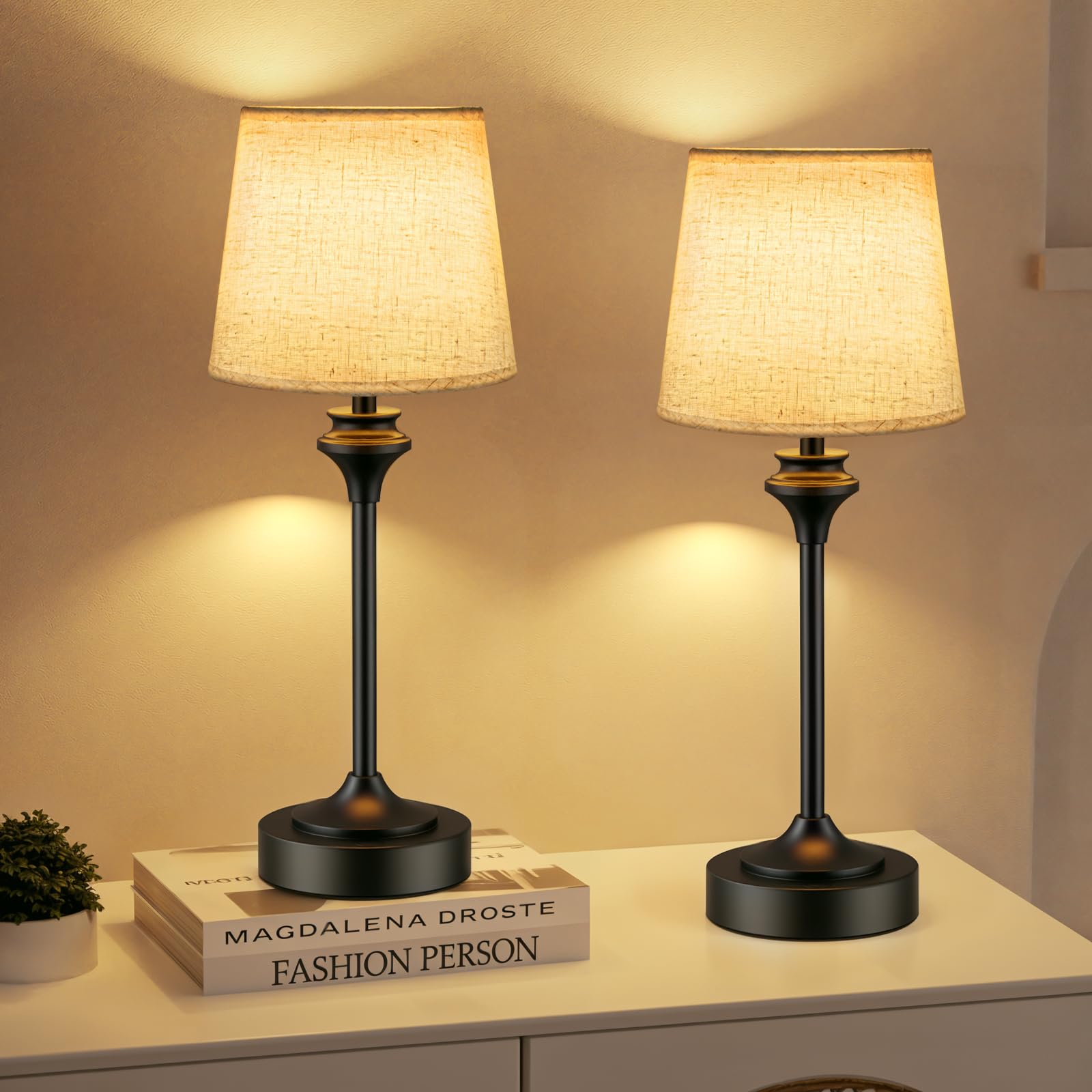 NIORSUN Portables Cordless Table Lamp Set of 2,Flaxen Fabric Shade ...