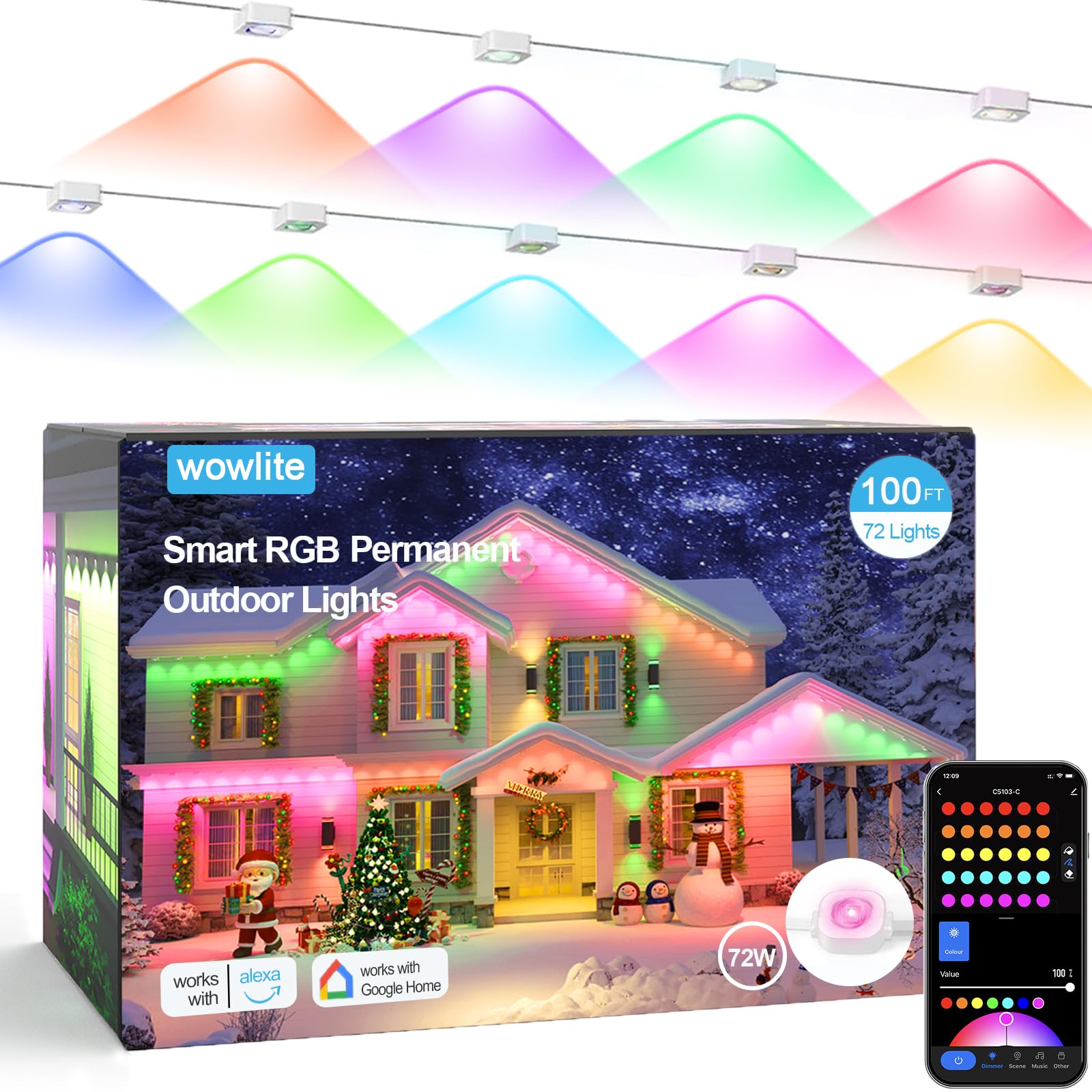 wowlite Permanent Outdoor Christmas Lights 100FT with 72 LED, Smart RGB ...