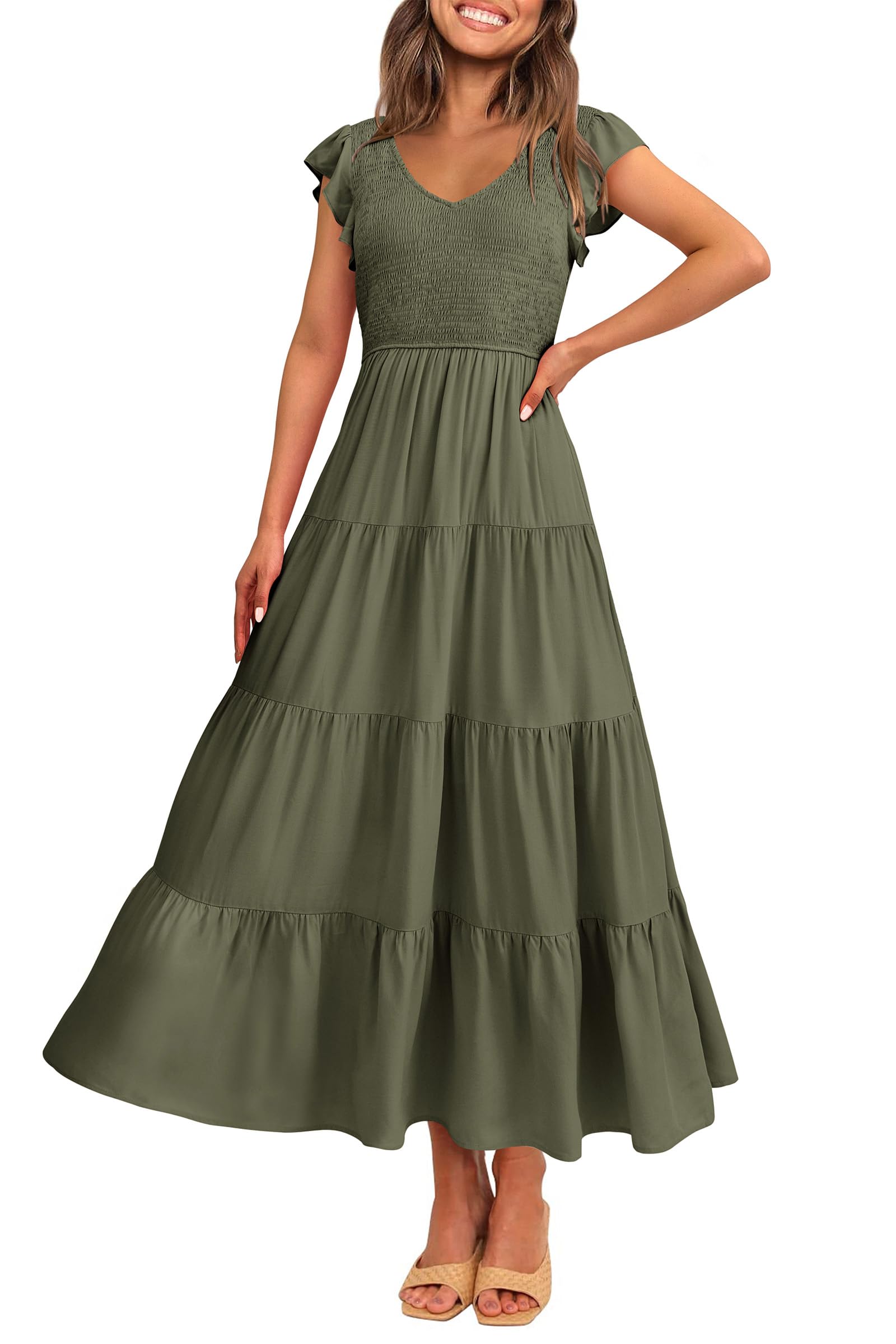 PRETTYGARDEN Women's Summer Flowy Maxi Dress Casual Cap Sleeve V Neck ...