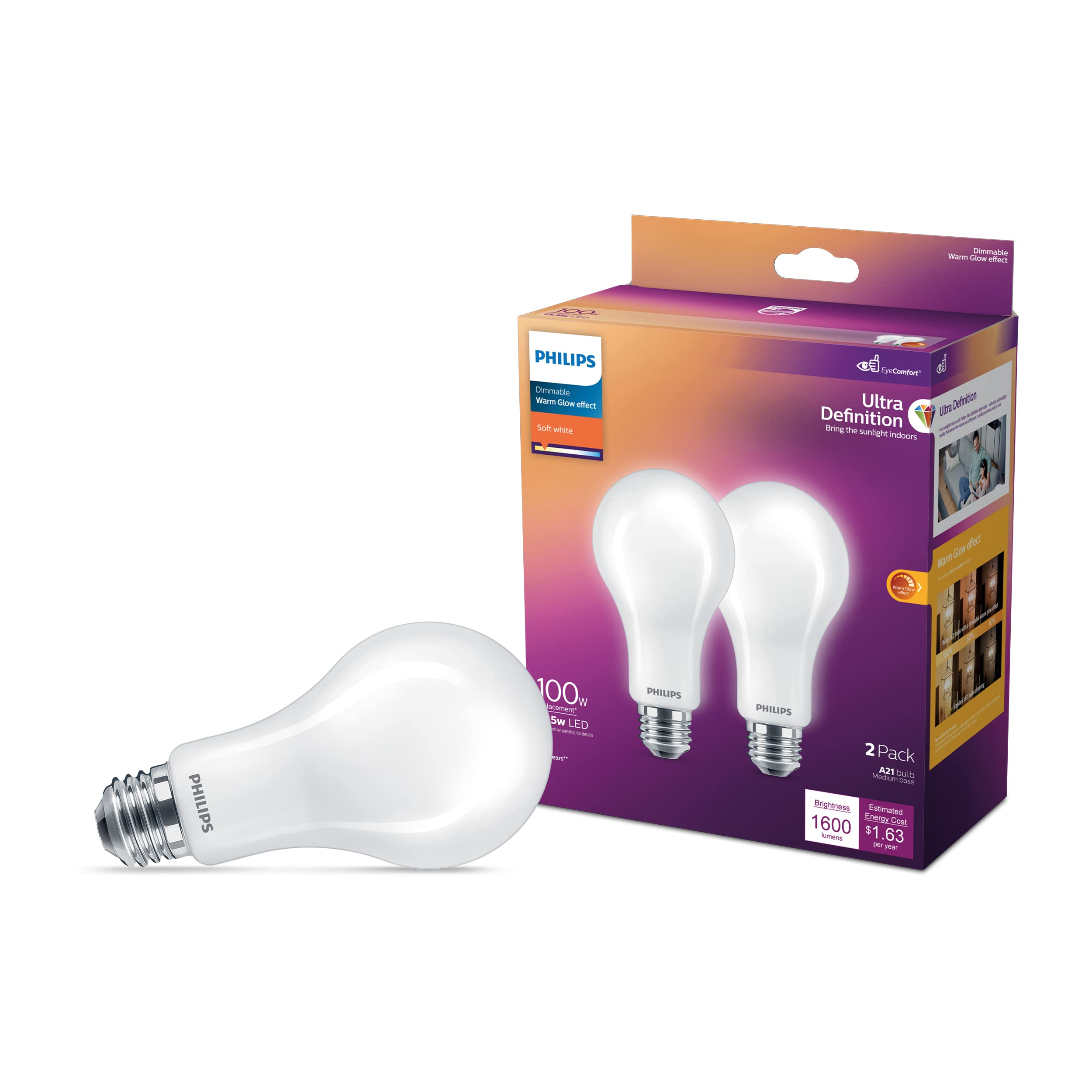 Philips LED A21 Ultra Definition Frosted Dimmable LED Light Bulbs ...