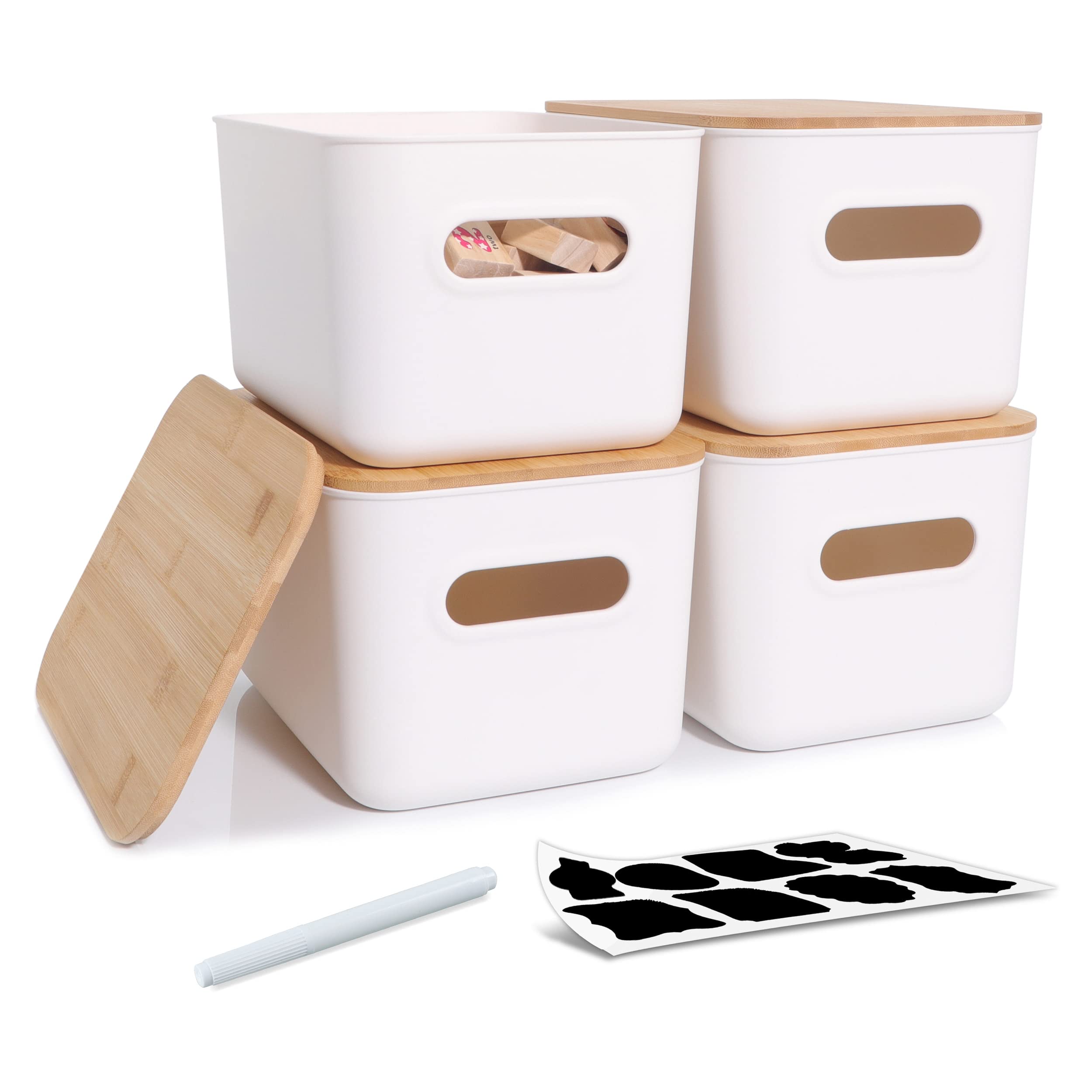 Citylife 4 PCS Storage Bins with Bamboo Lids Plastic Storage Containers ...