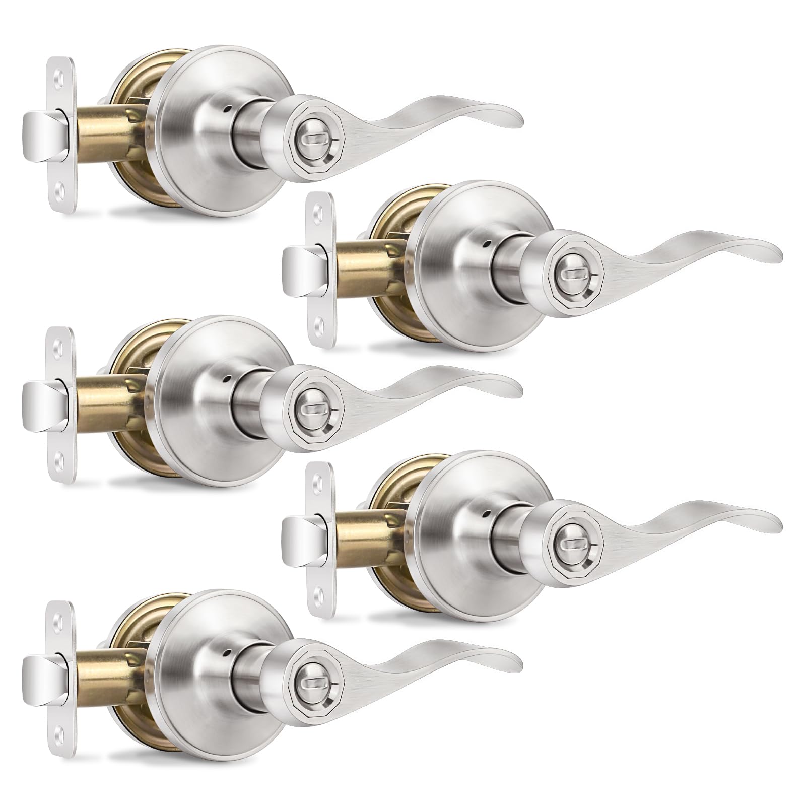 Onateel 5 Pack Privacy Door Levers Brushed Nickel Door Handles, Wave Style Interior Door Knobs ...