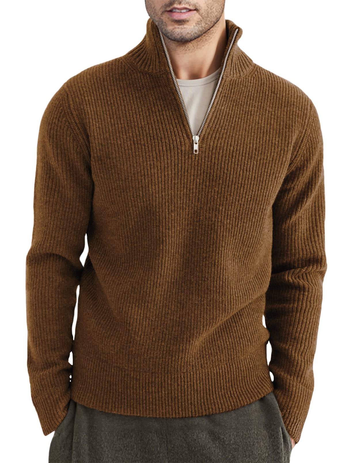 JMIERR Mens Quarter Zip Sweaters Mock Neck Polo Polluver Knit Sweater ...