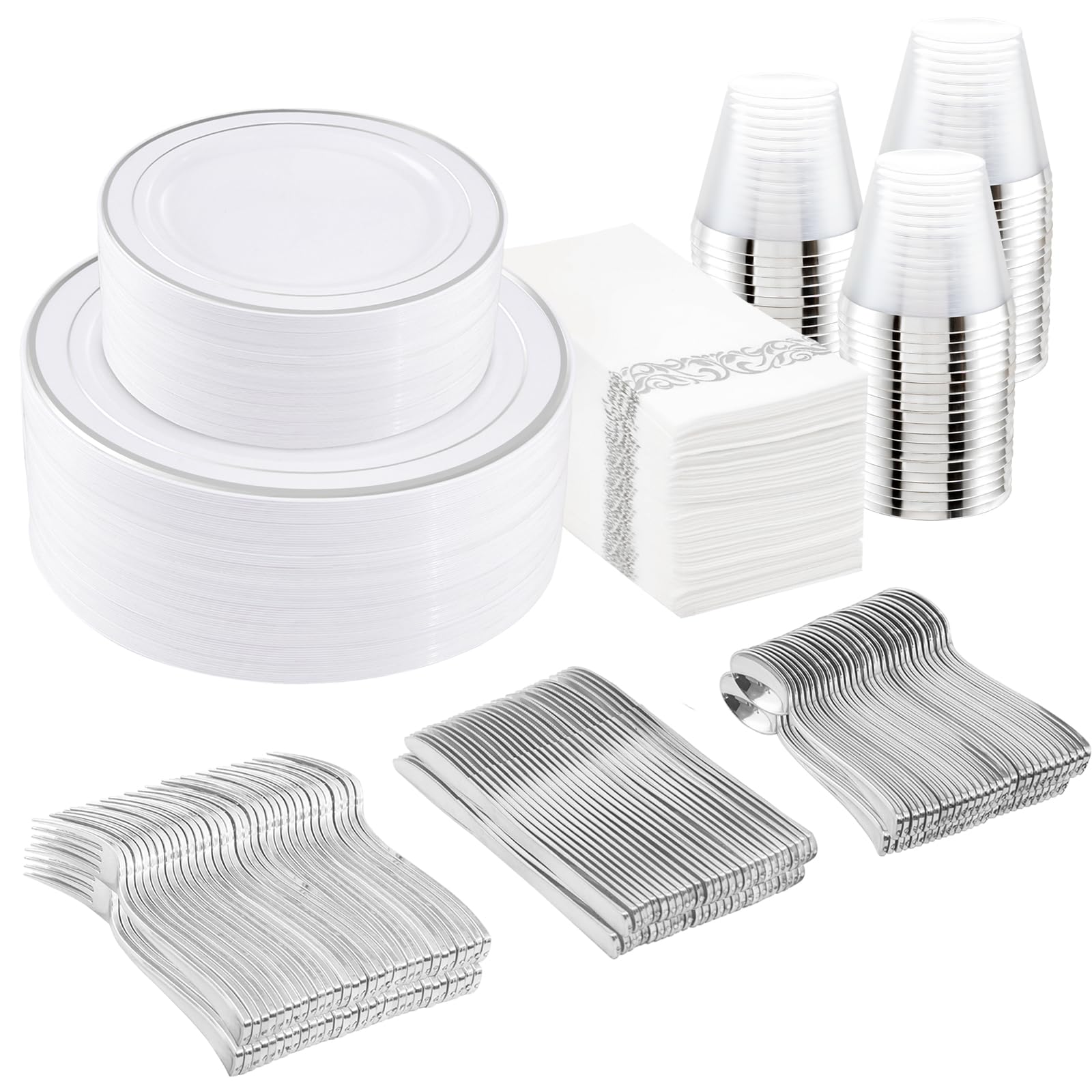 I00000 350Pcs Silver Plastic Dinnerware Set, Plastic Plates Disposable ...