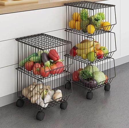 Mocosy Metal Wire Basket with Wheels and Cover, 3 Tier Stackable ...