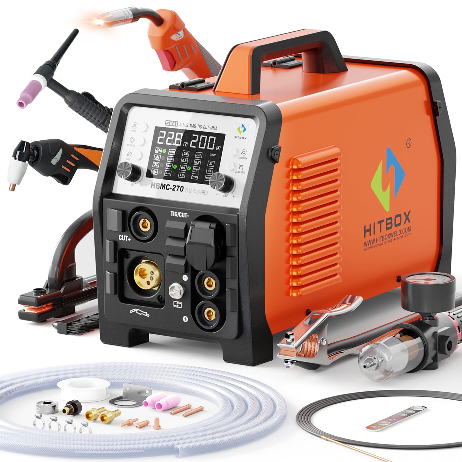 HITBOX MIG Welder 200A, 220V [6 in 1] Gasless/Gas MIG/HF TIG/Plasma Cutter 40A/Stick/Spot, 2T/4T ...
