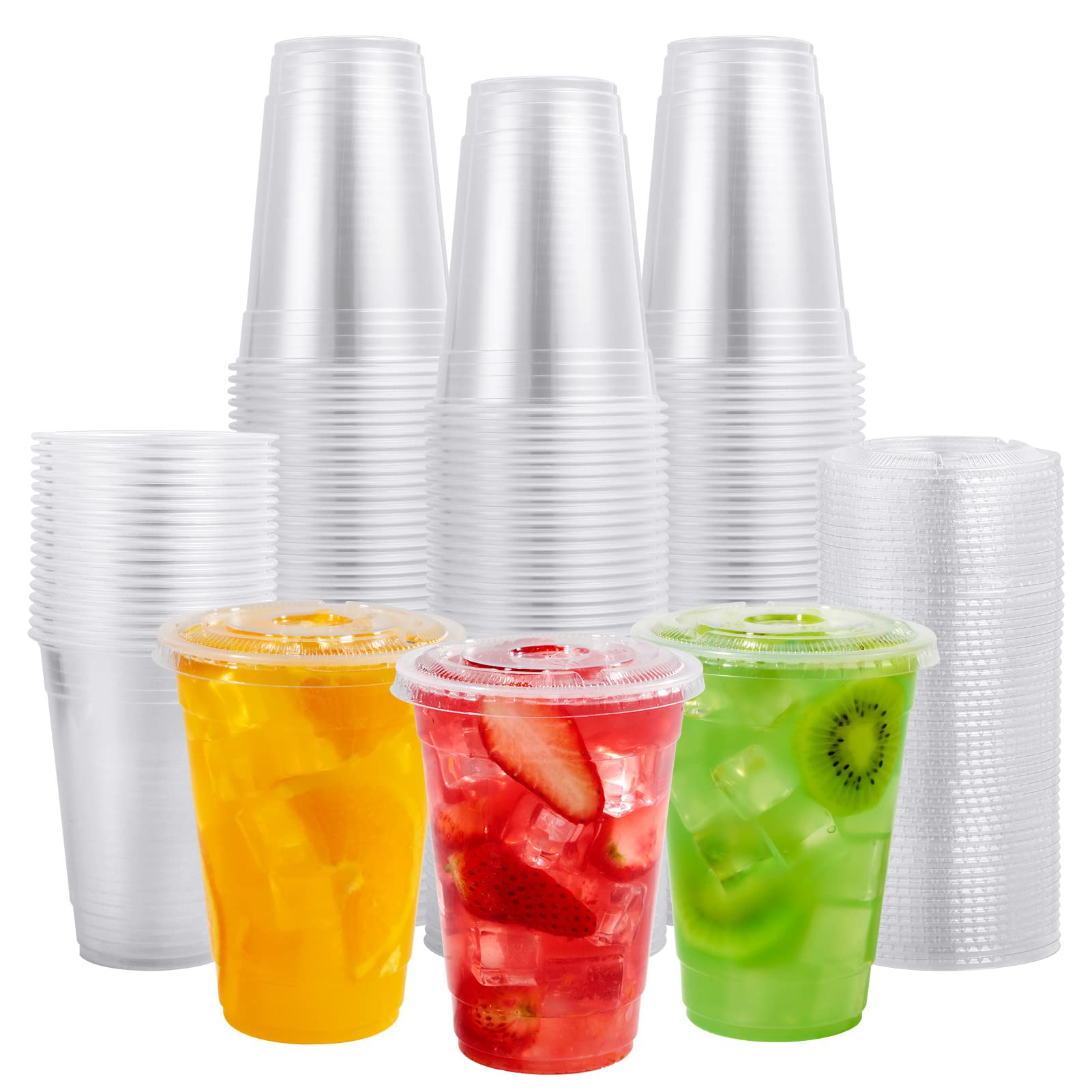 FOCUSLINE 200 PACK 16oz Clear Plastic Cups with Lids, Disposable Cold ...