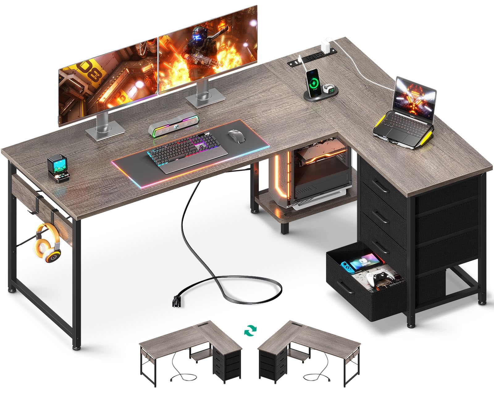 AODK L Shaped Desk with 4 Tier Drawers, 61" Reversible Gaming Desk with ...