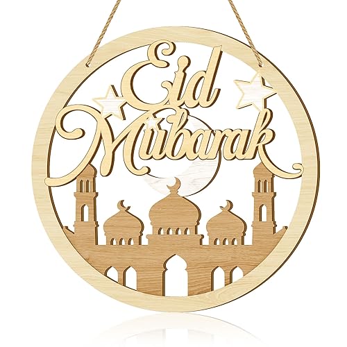 Eid Mubarak Door Sign Decorations, Moon Stars Mosque Round Pendant ...