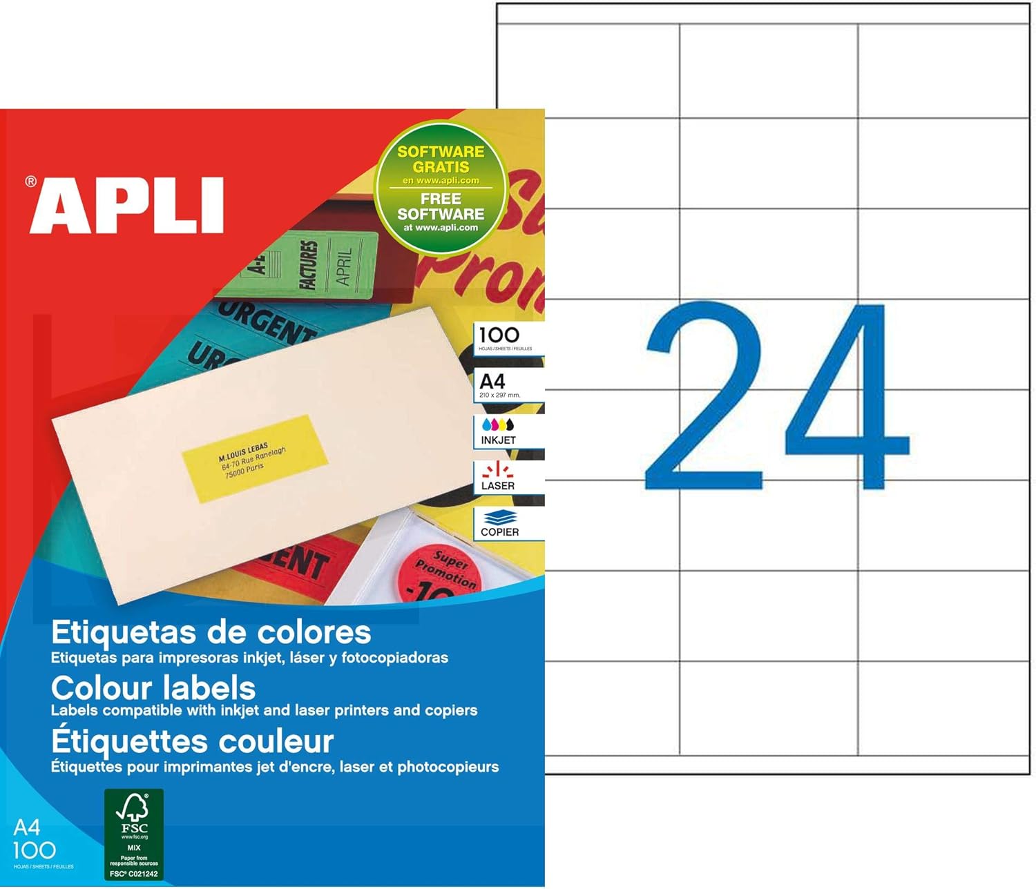 APLI 100765 Multipurpose A4 Labels 70 x 35 mm Box of 2400 Fluorescent ...