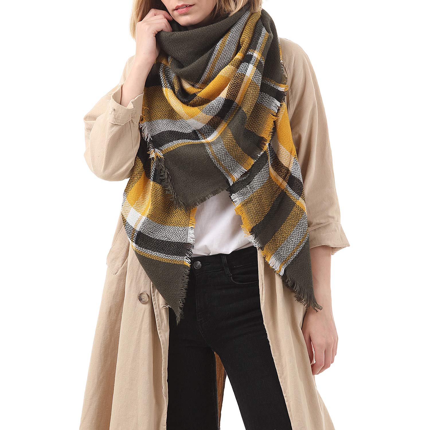 Durio Women's Plaid Blanket Scarf Winter Warm Soft Tassel Tartan Scarf ...